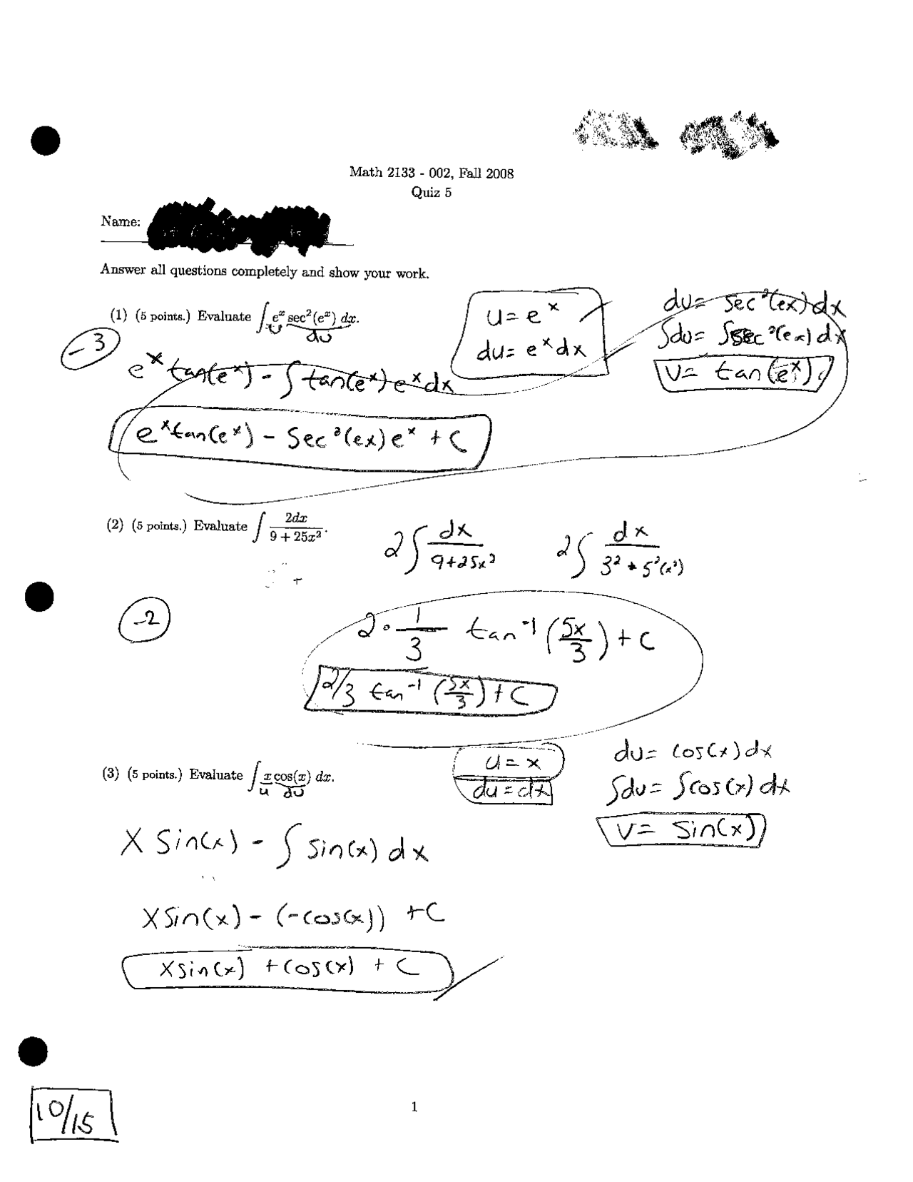 3 Solved Problems In Quiz 5 On Calculus Of Technology Ll Math 2133 Quizzes Mathematics Docsity