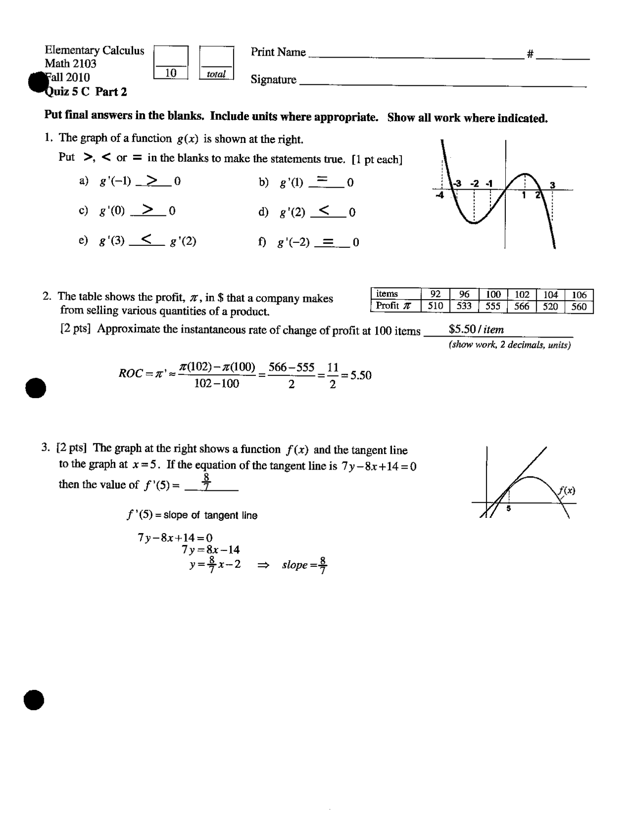Quiz 5 Manual Solution Elementary Calculus Math 2103 Docsity