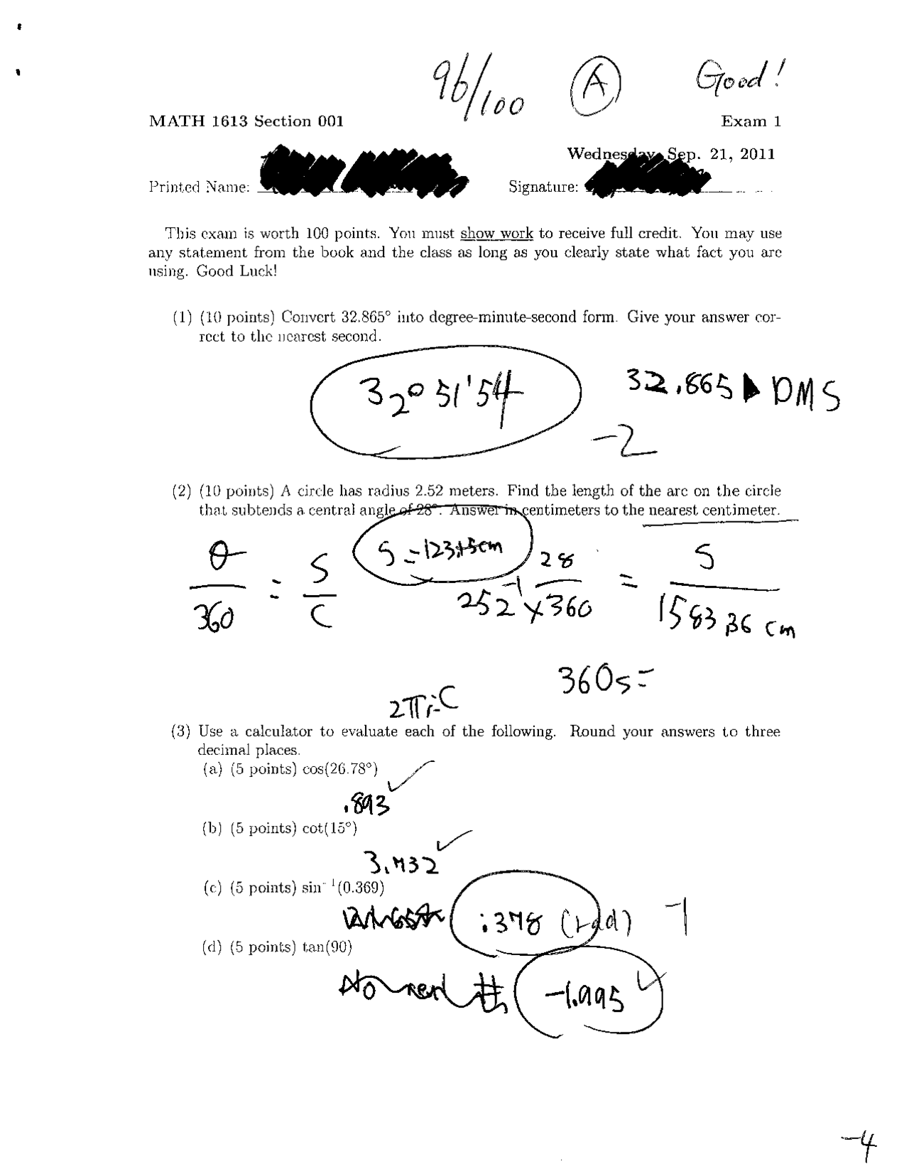 Exam 1 With Solution For Trigonometry Math 1613 Docsity