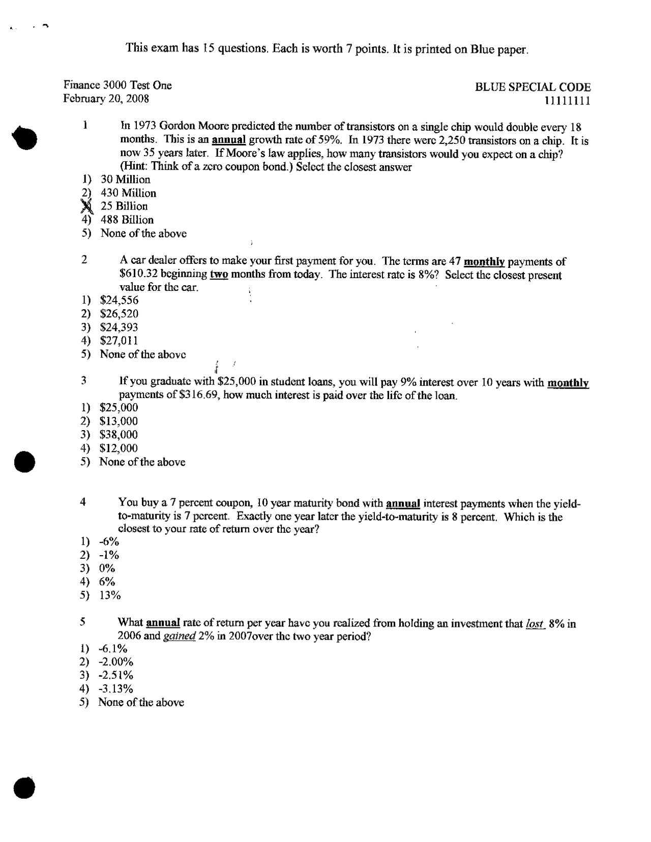 15 Questions On Corporate Finance Test 1 Financ 3000 Docsity