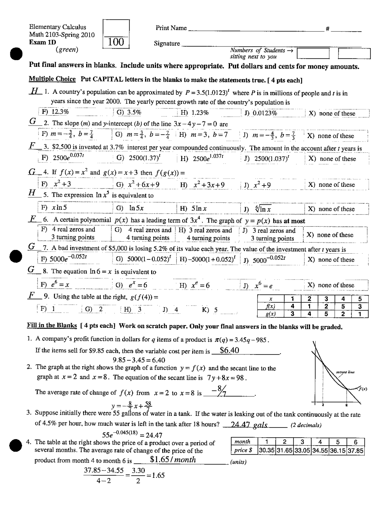 Exam 1d For Elementary Calculus Math 2103 Docsity