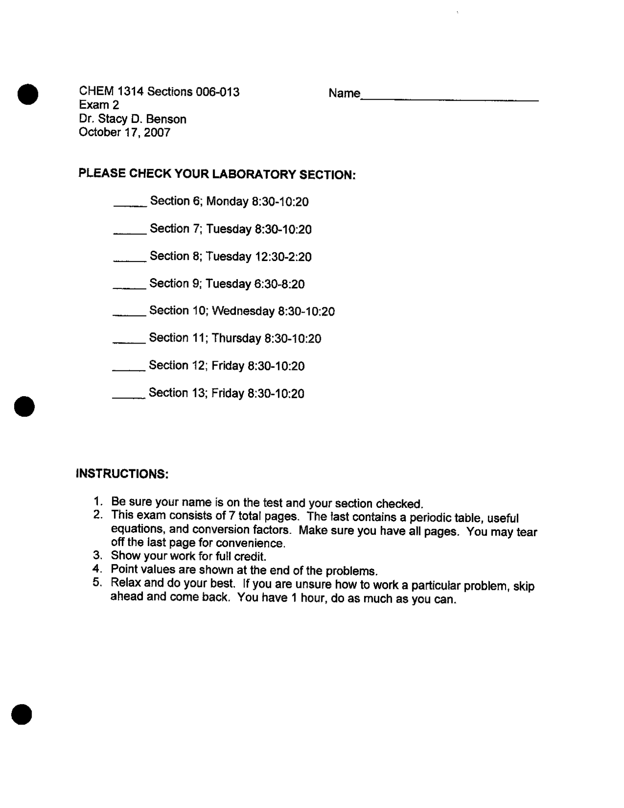 17 Questions In Examination 2 General Chemistry Chem 1314 Docsity