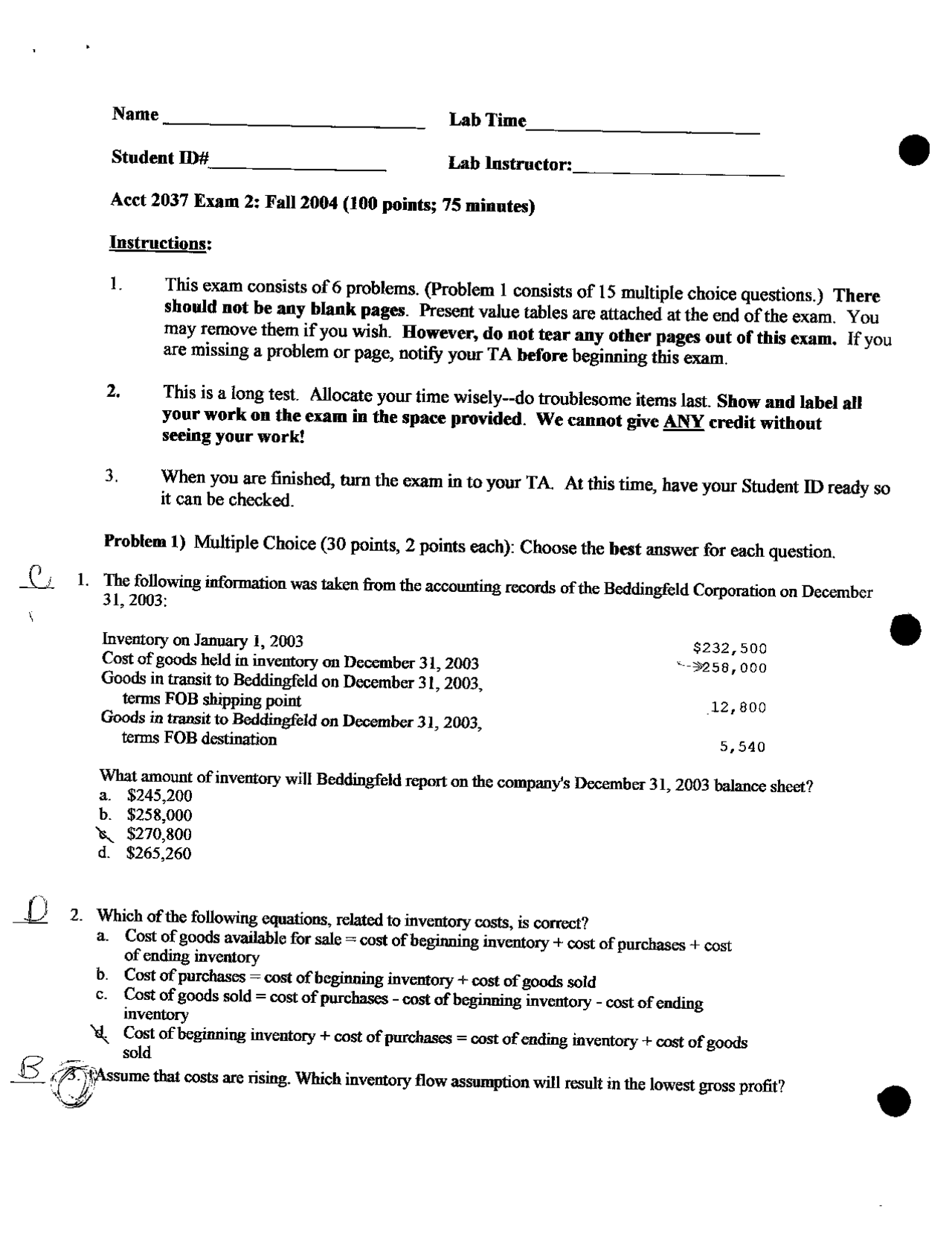 Exam 2 With Answer Key Accounting Ii Acctcy 2037 Docsity