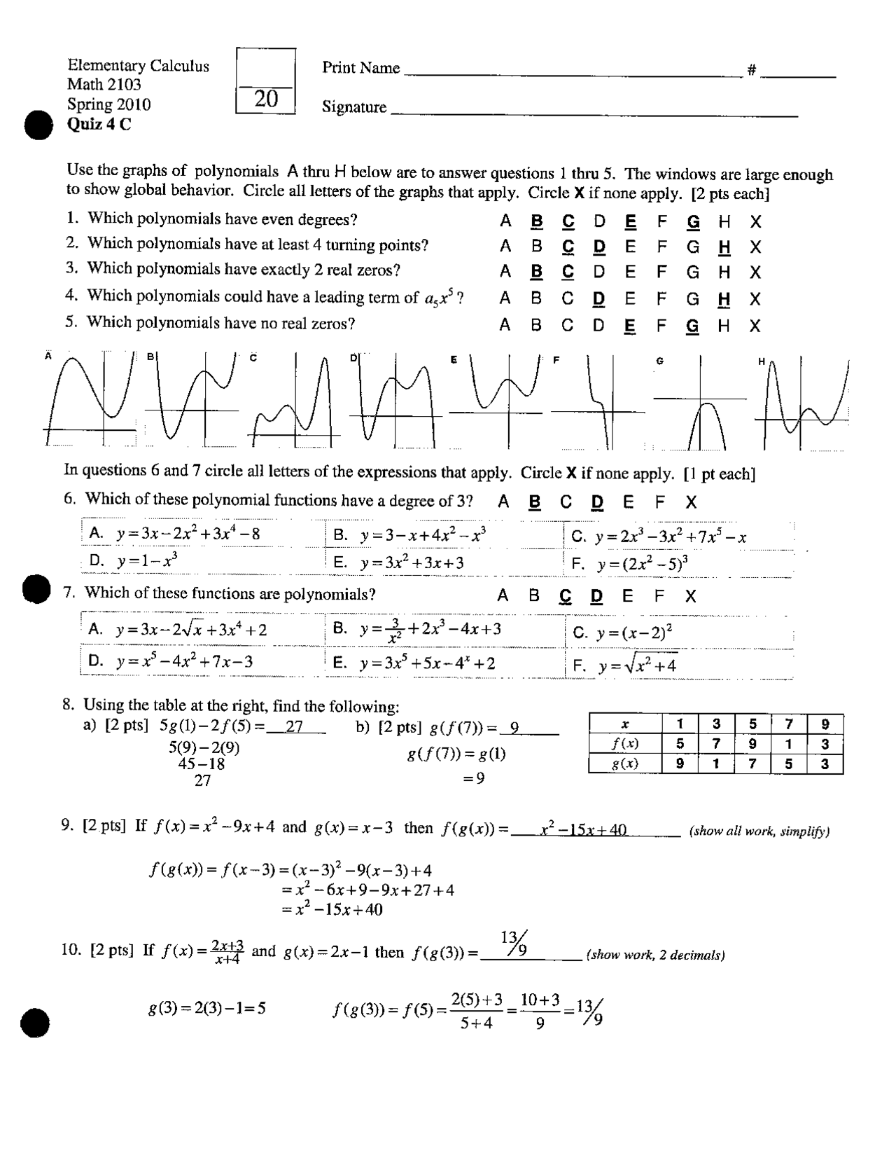 10 Questions with Answer for Quiz 4 - Elementary Calculus | MATH 2103 ...