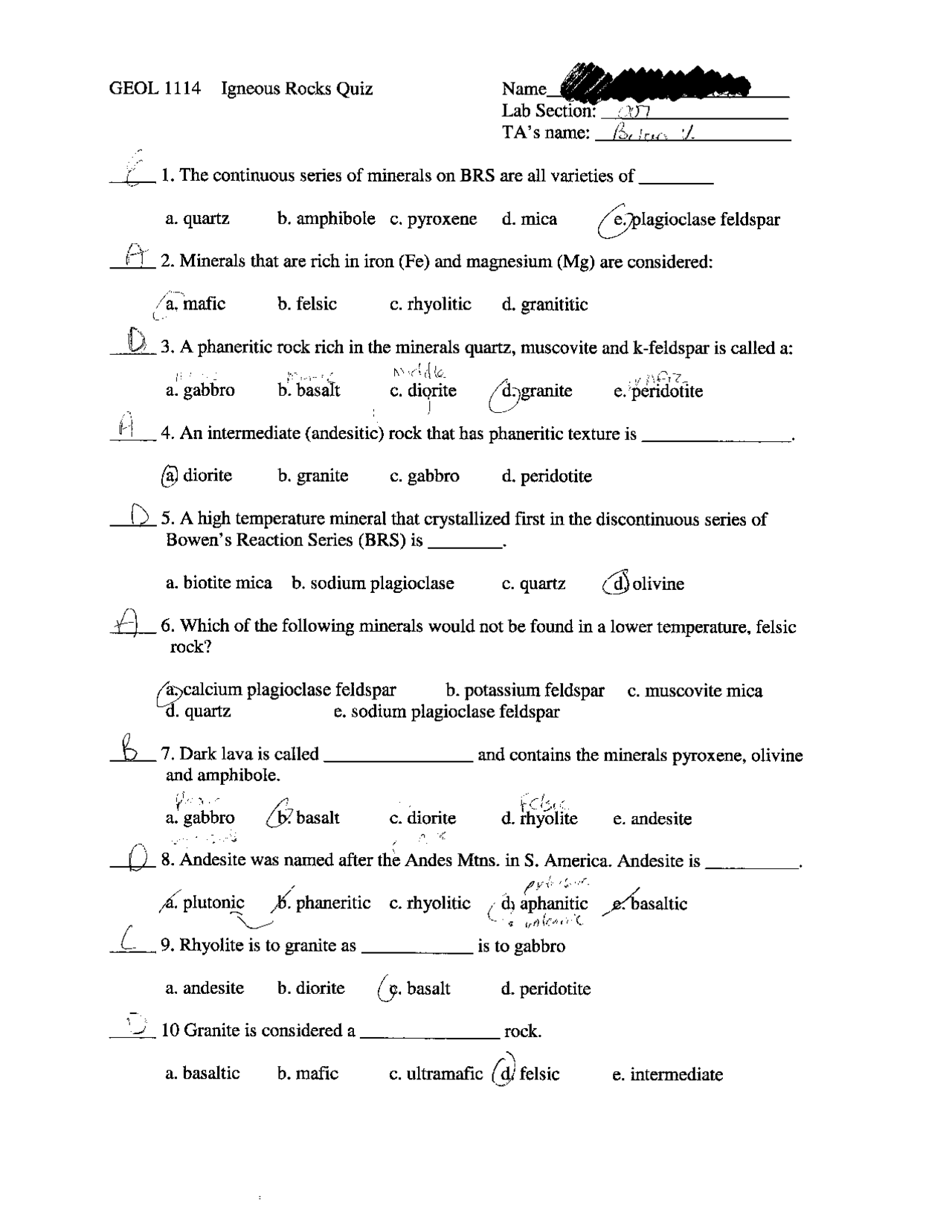Igneous Rocks In Physical Geology Quiz Geol 1114 Docsity