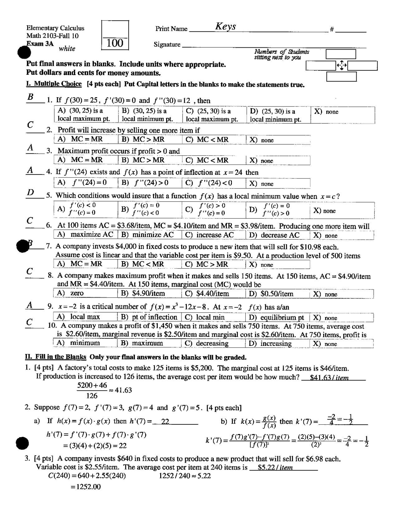 Solution of Elementary Calculus - Exam 3A Spring 2010 | MATH 2103 - Docsity