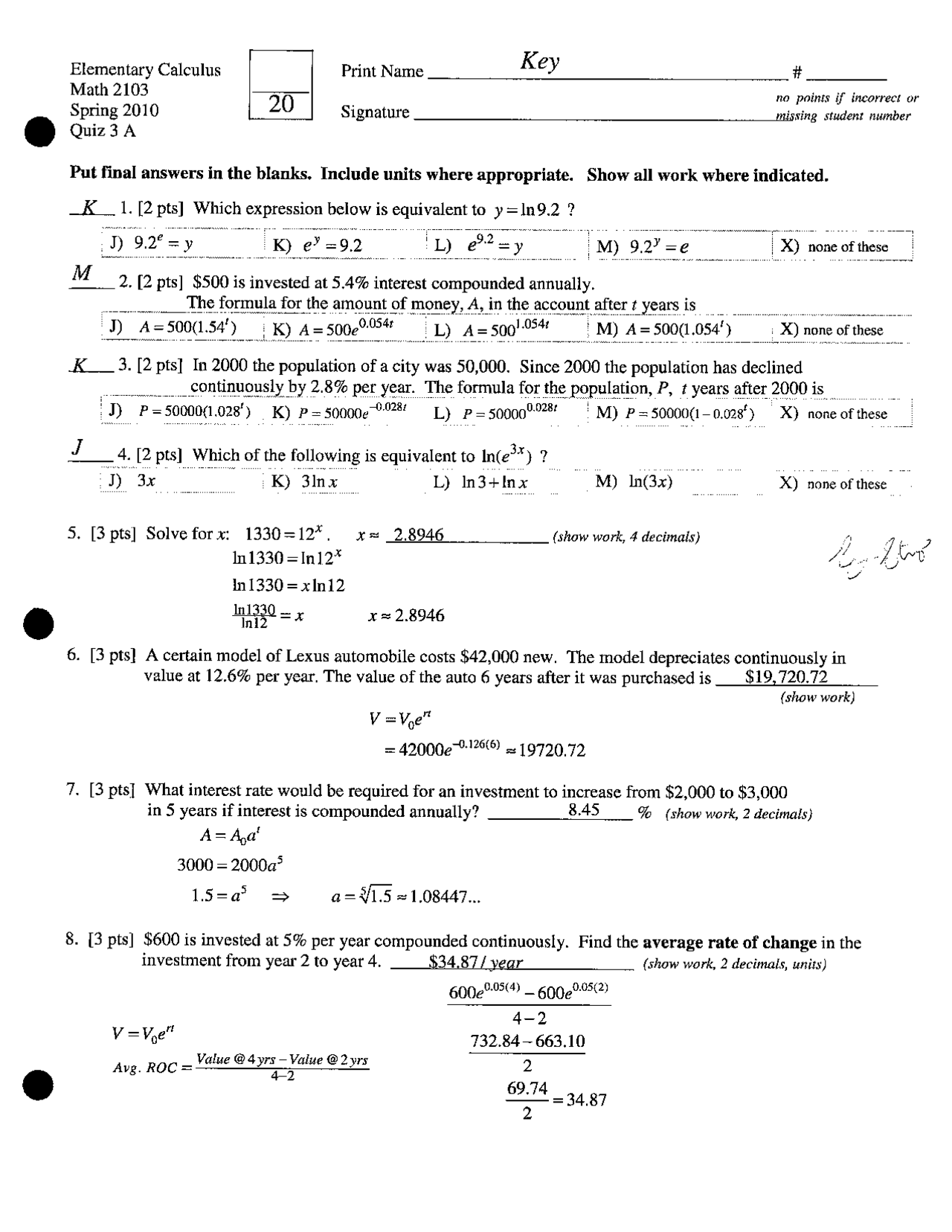 Solution of Elementary Calculus - Quiz 3A Spring 2010 | MATH 2103 - Docsity