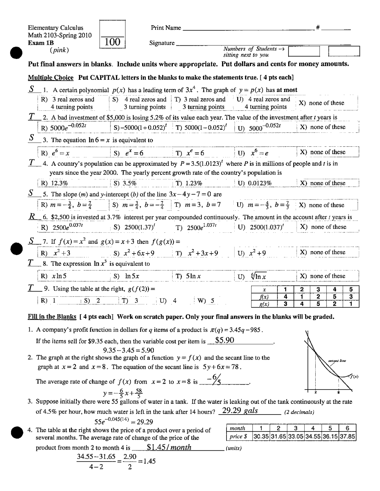 Exam 1 Questions For Solution Elementary Calculus Math 2103 Docsity