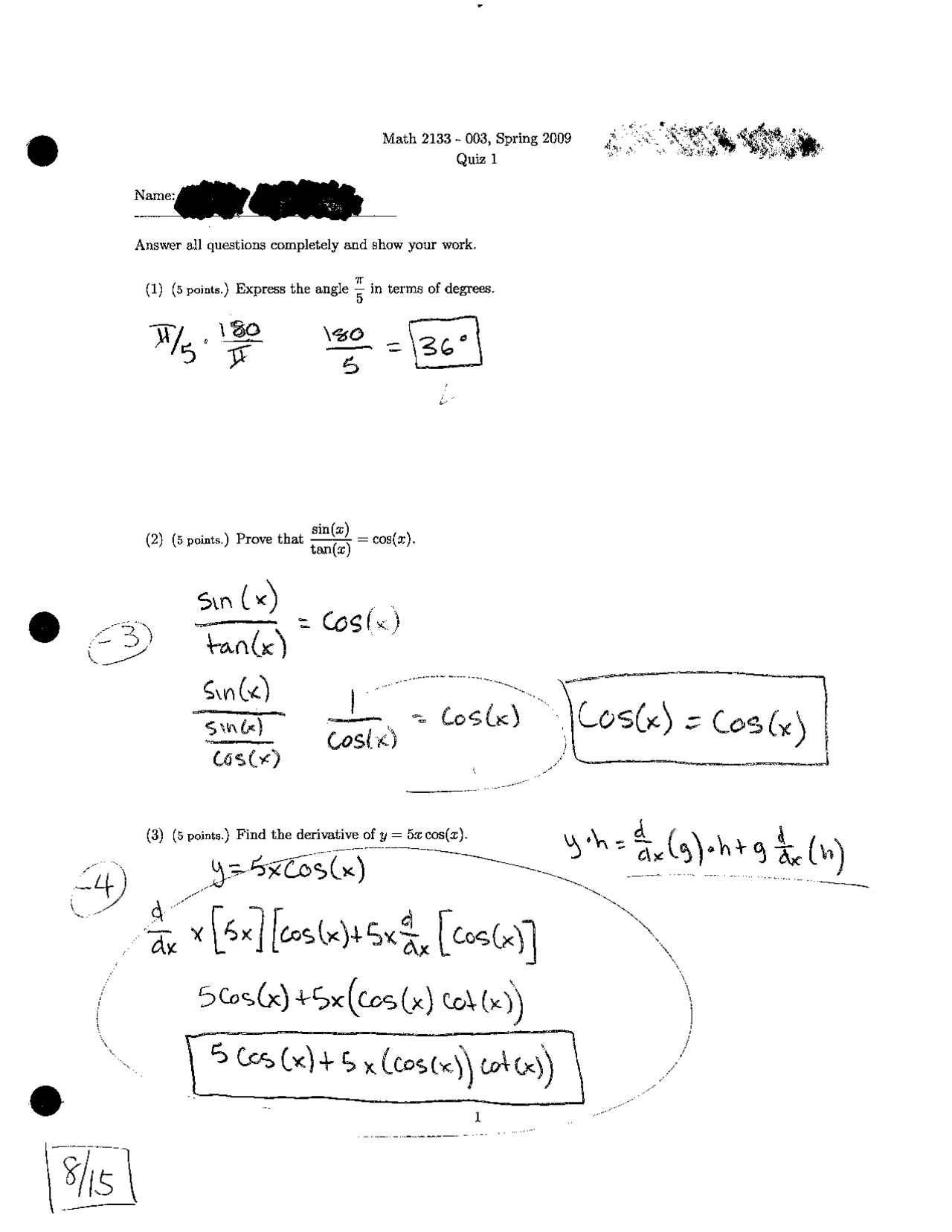 Solution to Quiz 1 - Calculus for Technology II | MATH 2133 | Quizzes ...