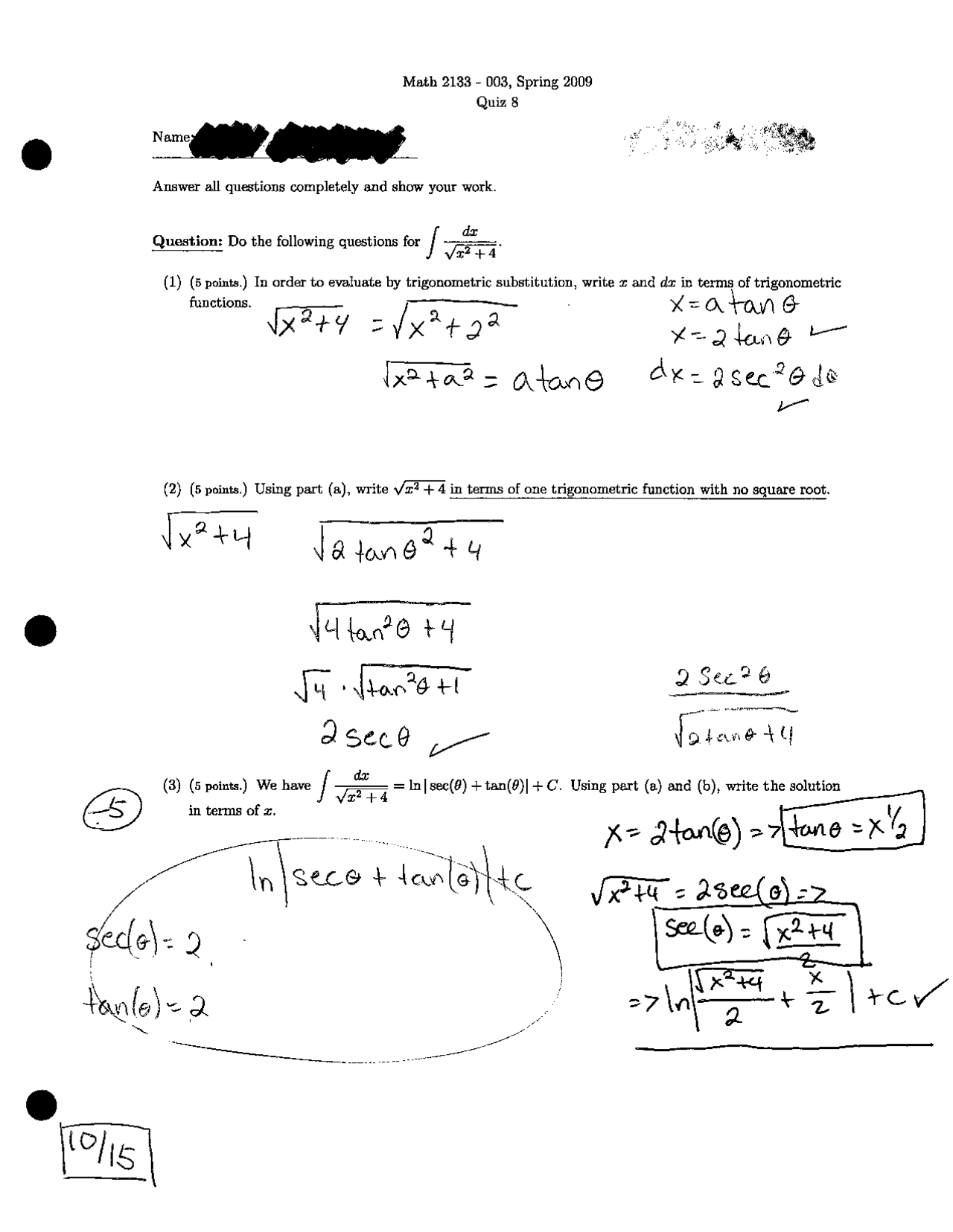 3 Solved Problems In Quiz 8 On Trigonometric Substitution And Functions
