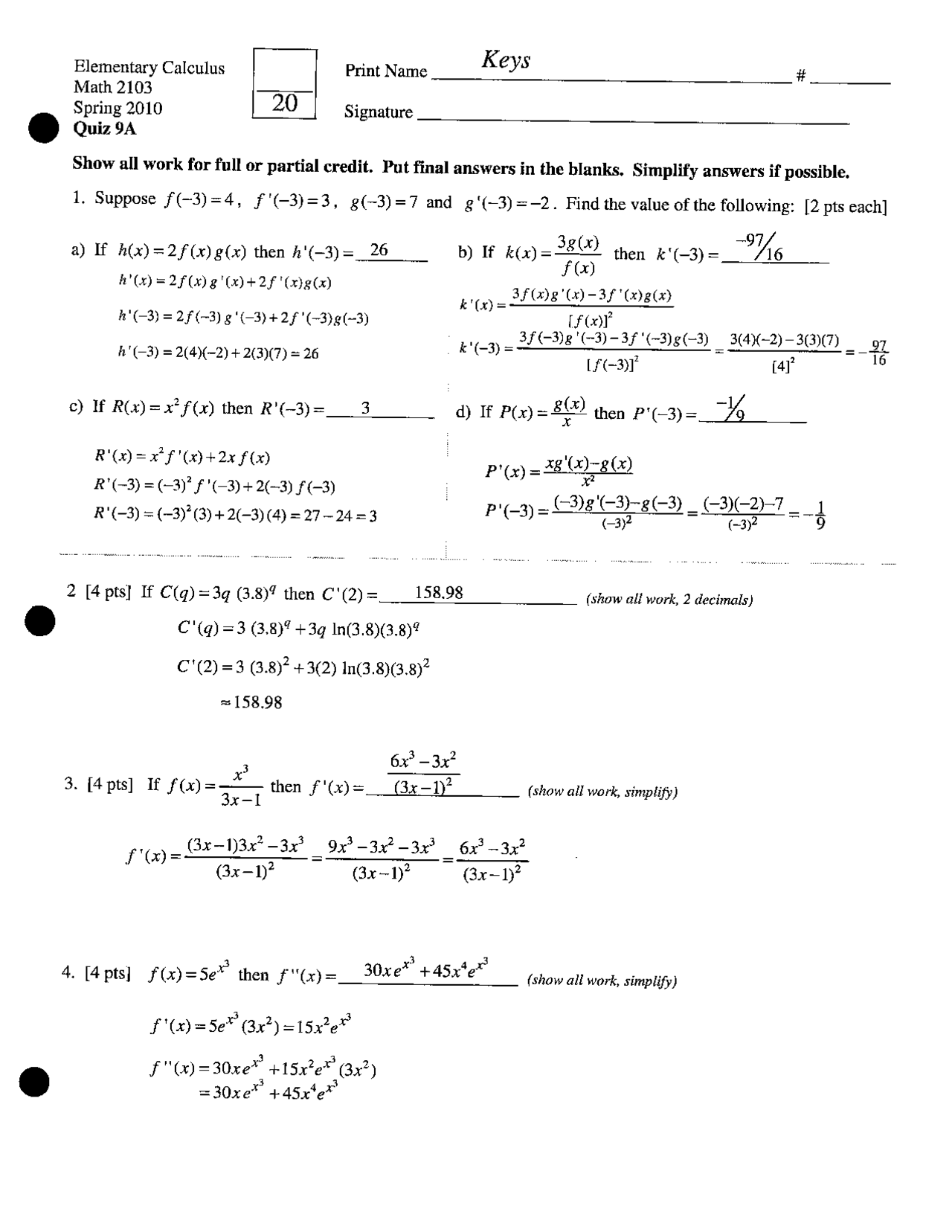 Quiz 9 With Answer Key Elementary Calculus Spring 2010 Math 2103