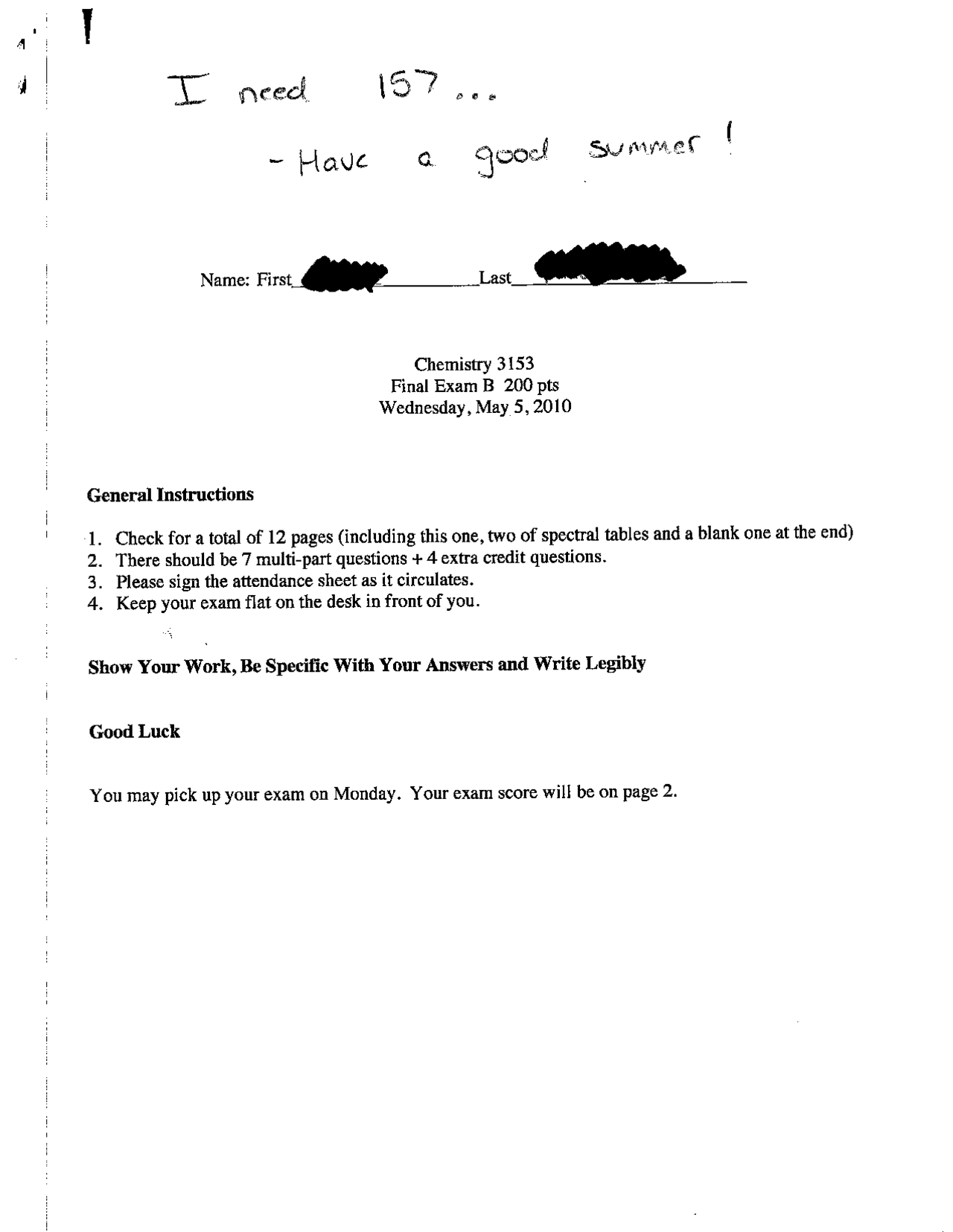 Final Exam B With Answers Key Organic Chemistry Chem 3153 Docsity