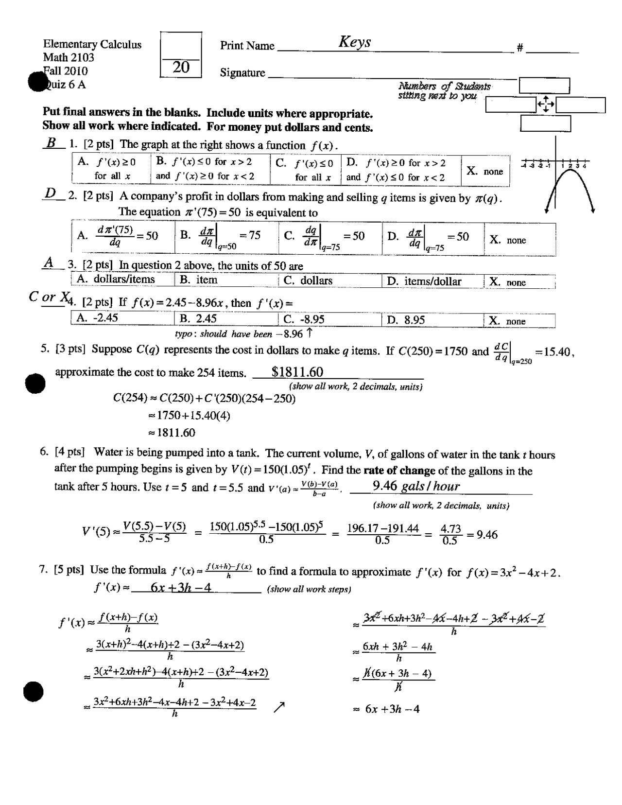 Quiz 6a With Key For Elementary Calculus Math 2103 Docsity