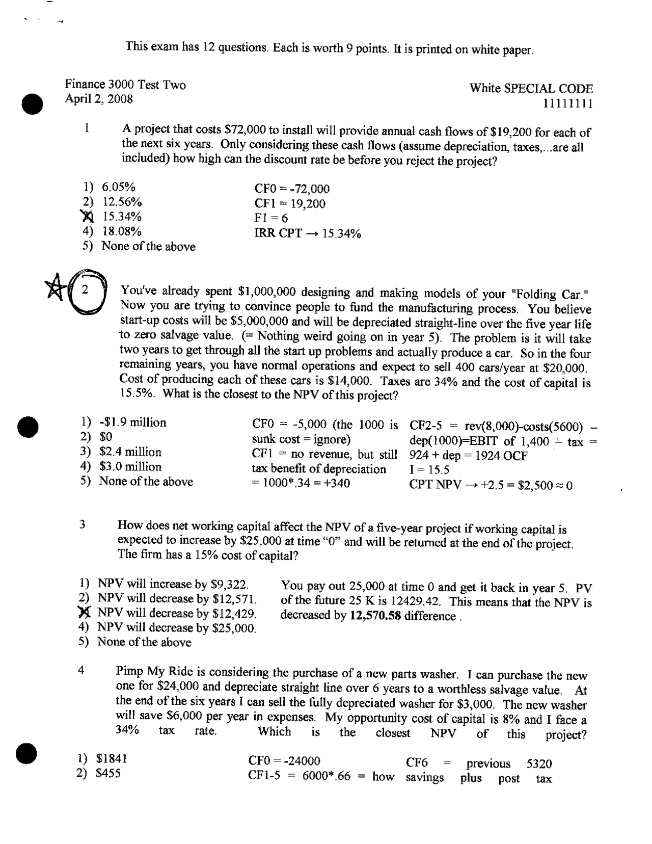 Test Two With Solution Corporate Finance Financ 3000 Docsity