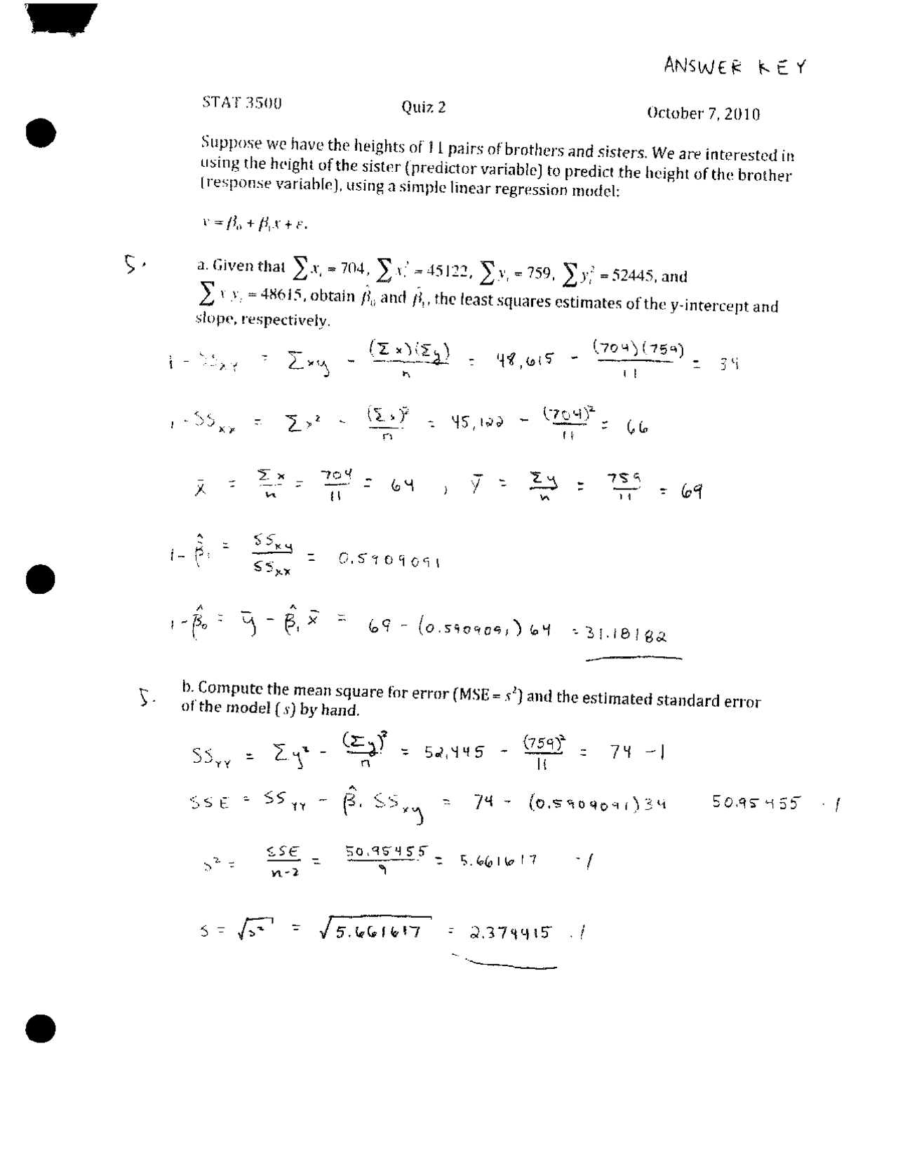 Introduction to Probability and Statistics I - Quiz 2 Solution | STAT 3500 - Docsity