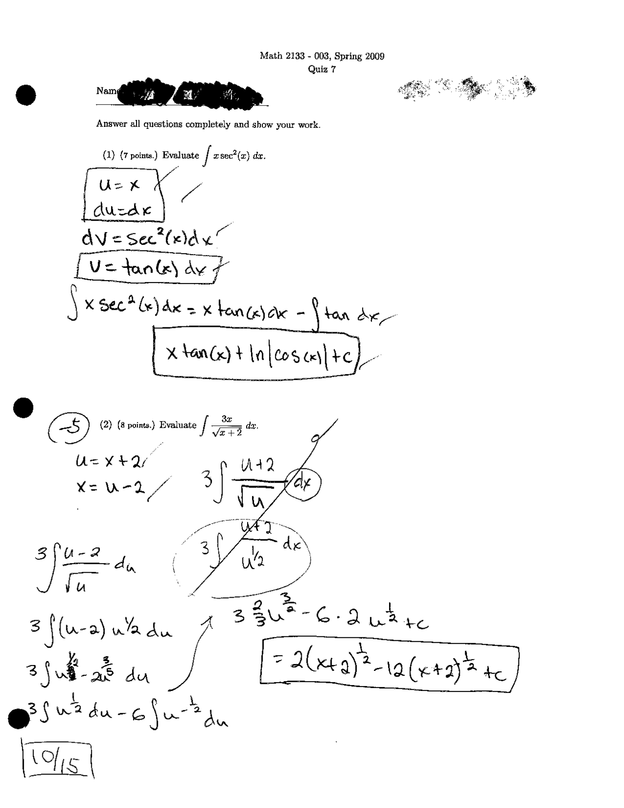 2 Solved Questions On Quiz 7 To Evaluate The Functions Math 2133 Quizzes Mathematics Docsity