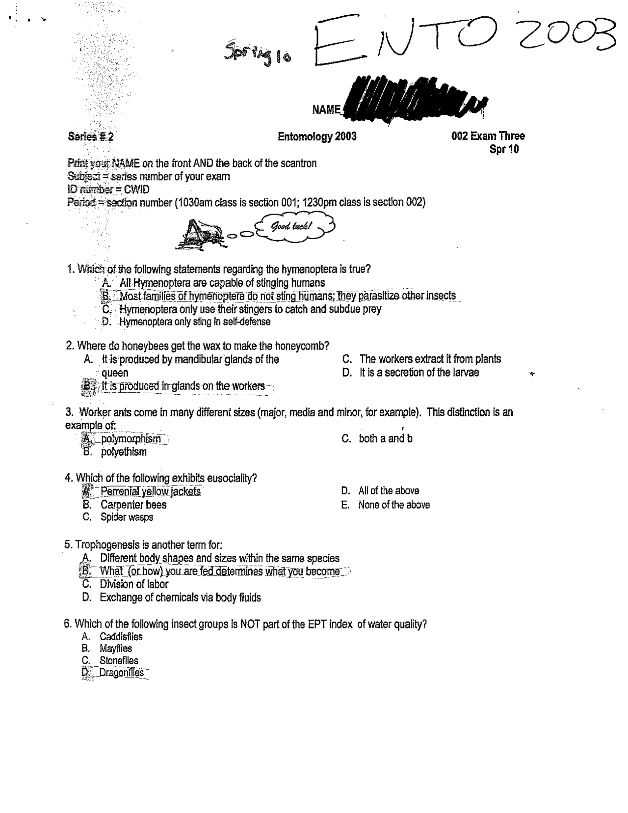 Exam 3 Questions With Answer Key Insects And Society Ento 2003