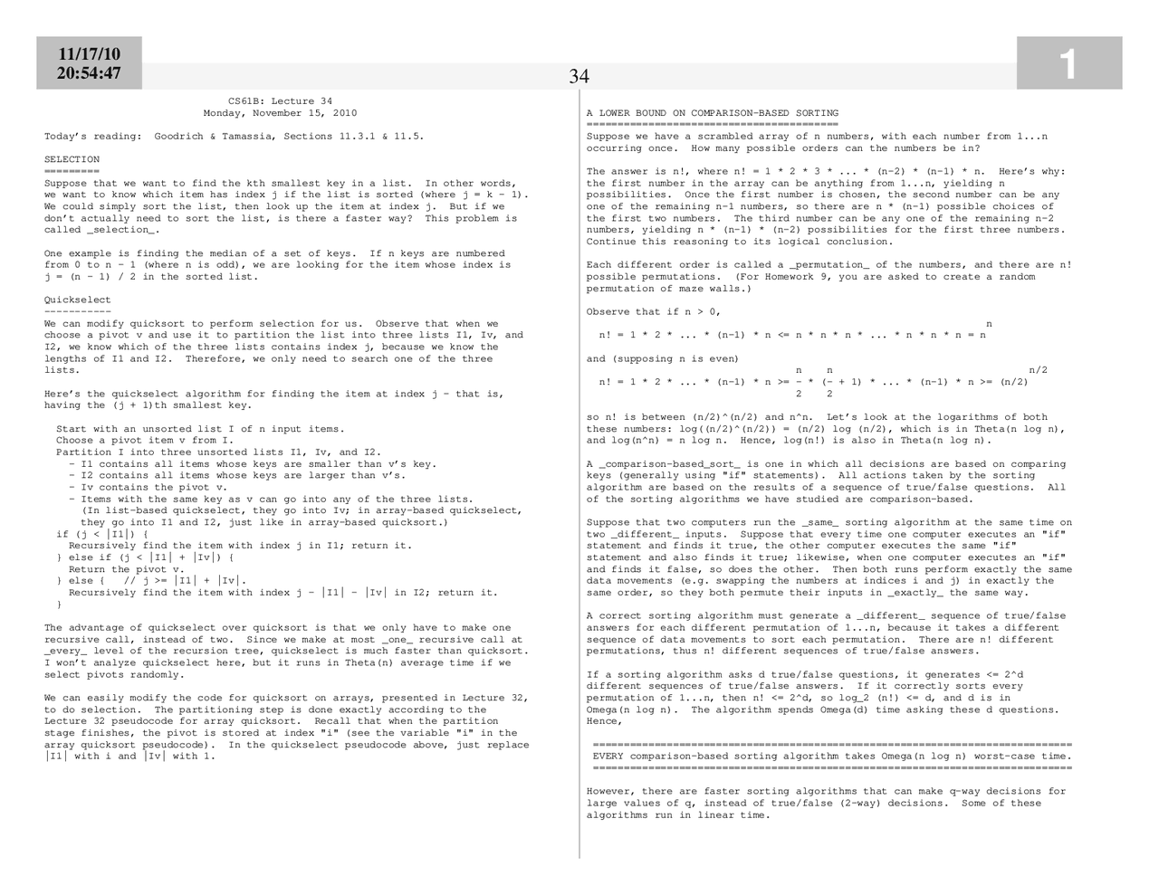 Selection Sort Lecture Notes Computer Science Docsity