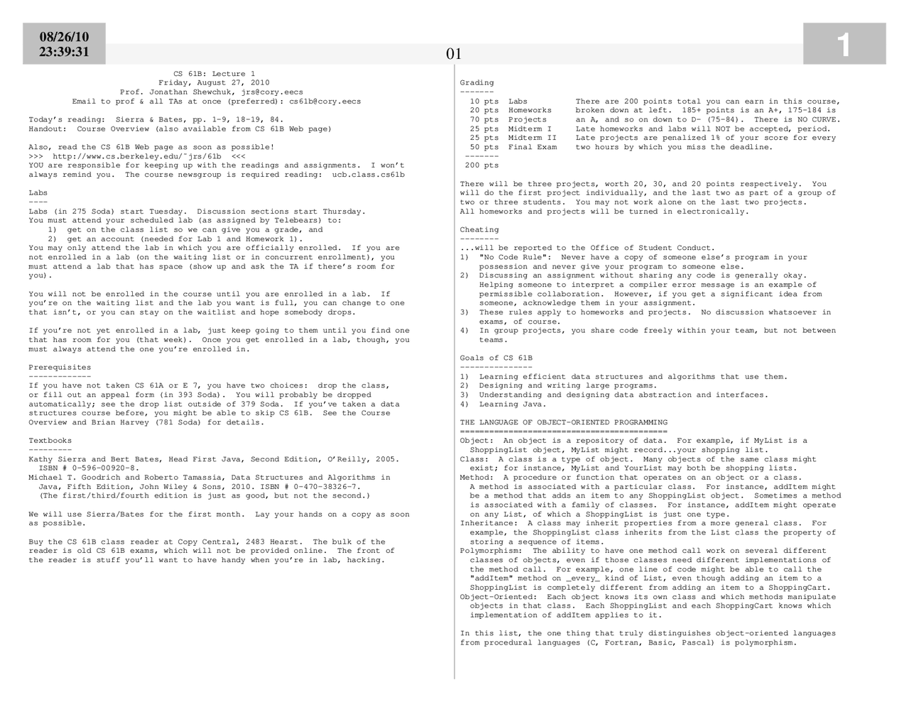 Object Oriented Programming, Lecture Notes - Computer Science - Docsity
