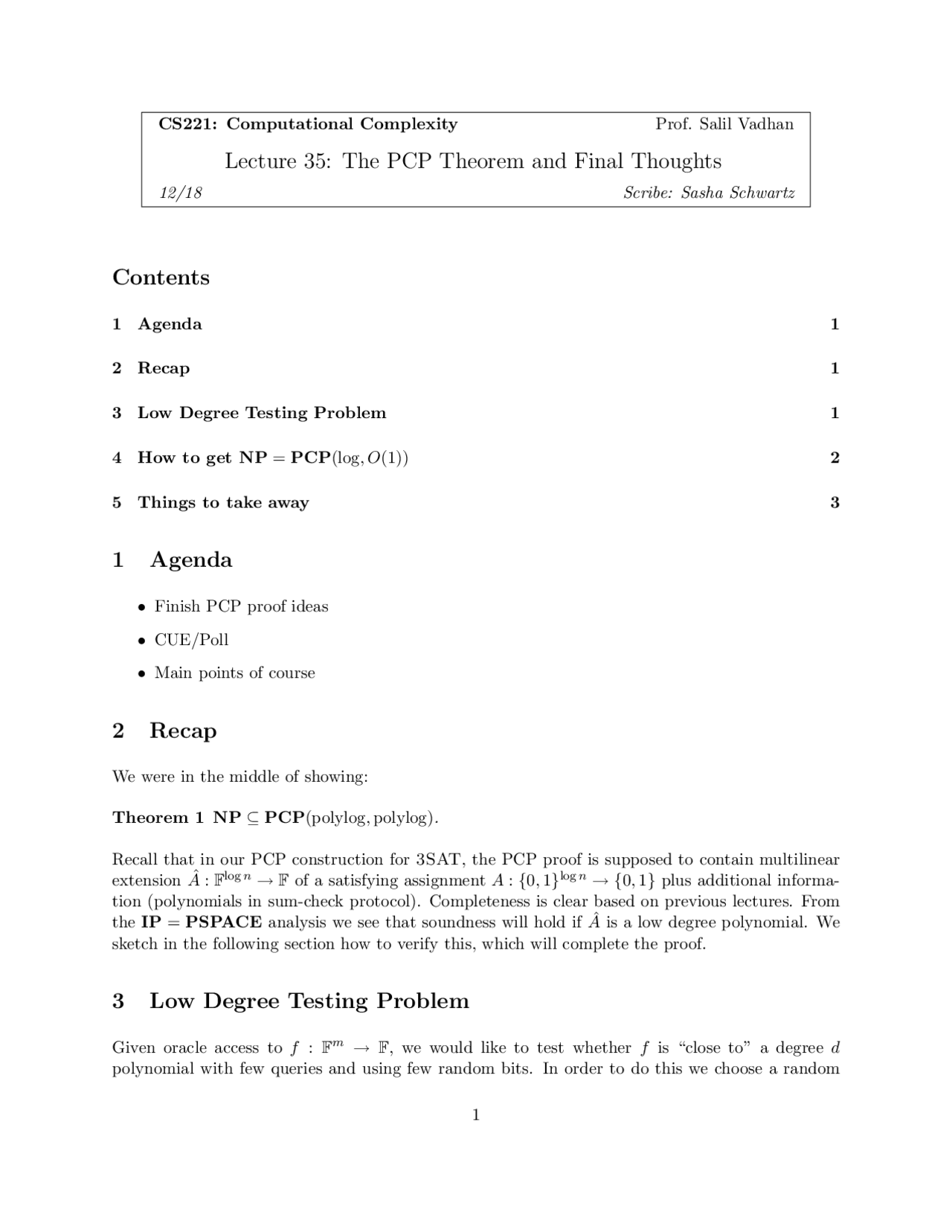 Computational Complexity Pcp Theorem And Final Thoughts Lecture Notes