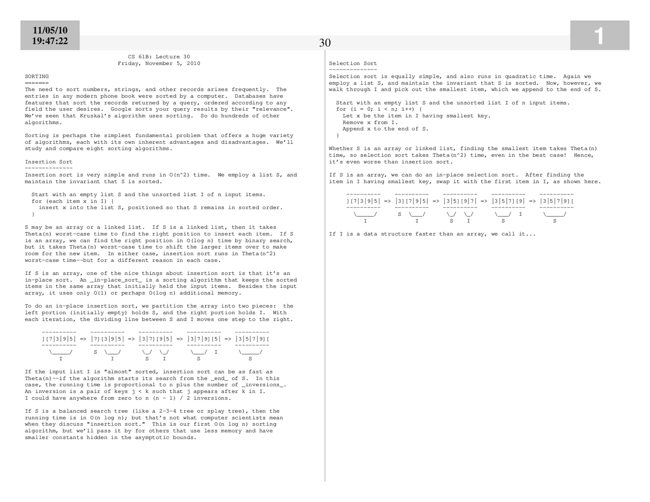 Sorting Lecture Notes Computer Science Docsity