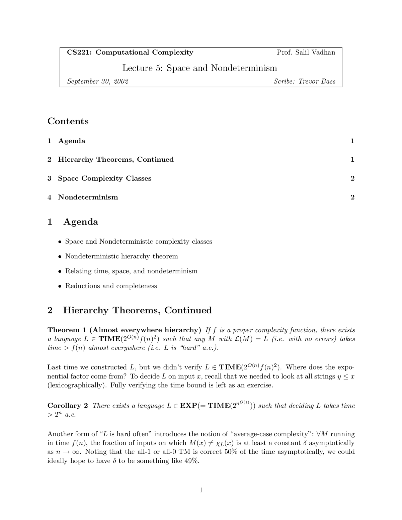Computational Complexity Space And Nondeterminism Lecture Notes