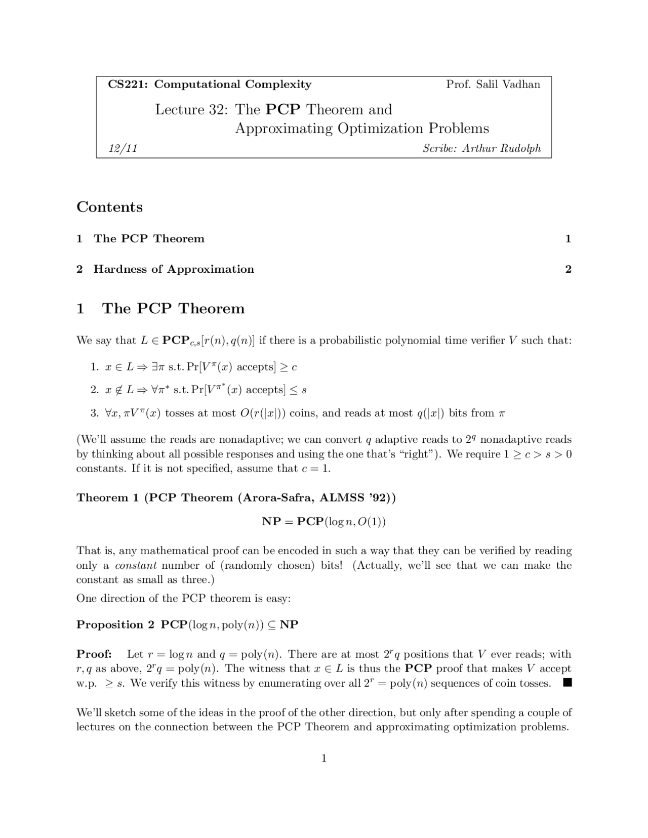 Computational Complexity Pcp Theorem Lecture Notes Computer Science