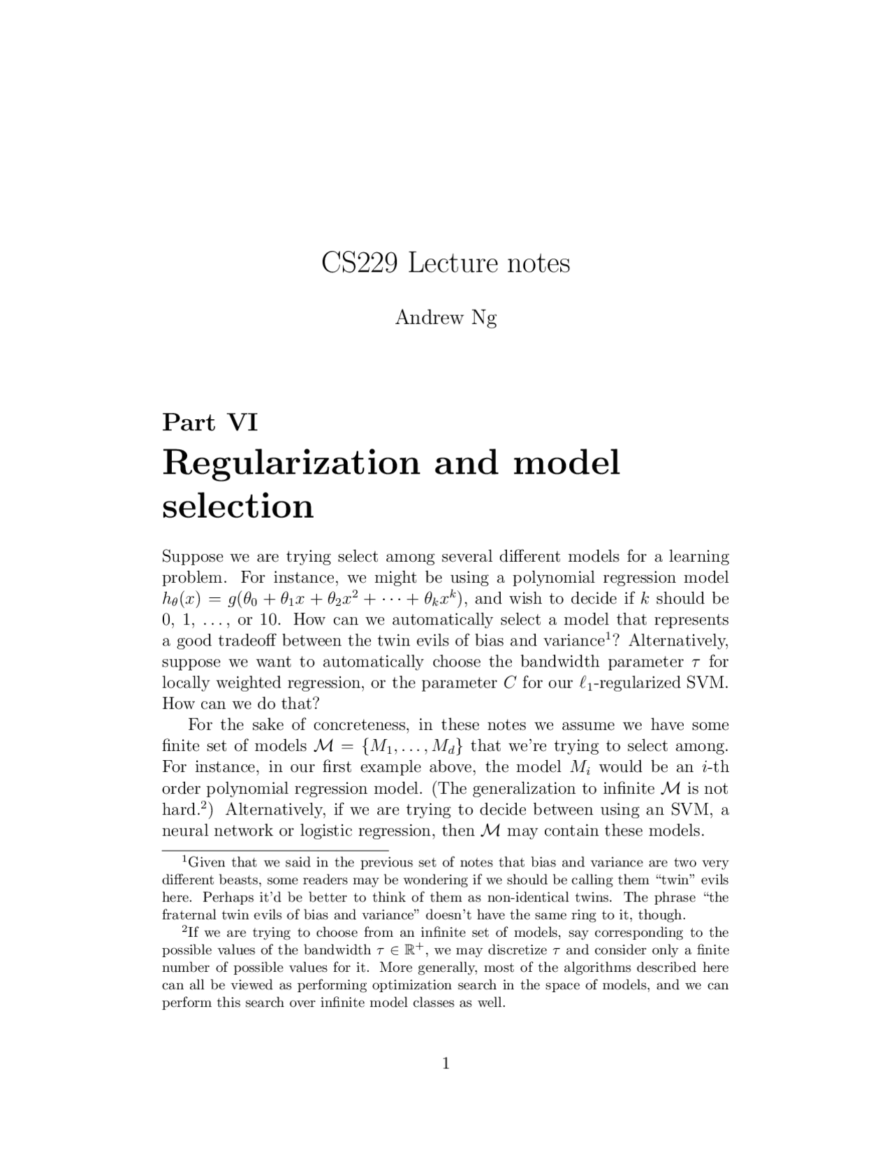 Regularization And Model Selection Lectures Notes 6 1 Docsity