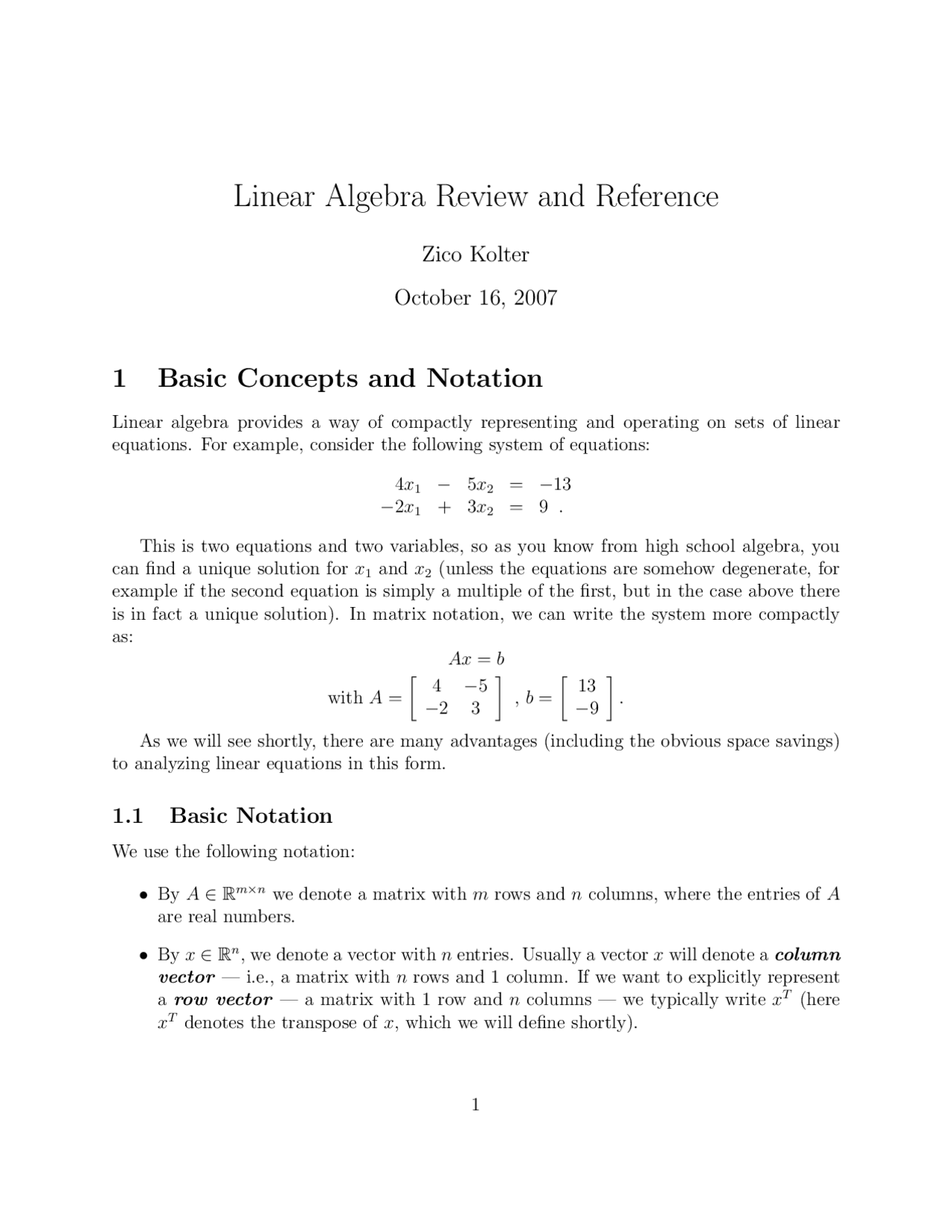 Linear Algebra Review and Reference - Lectures Handouts - Docsity