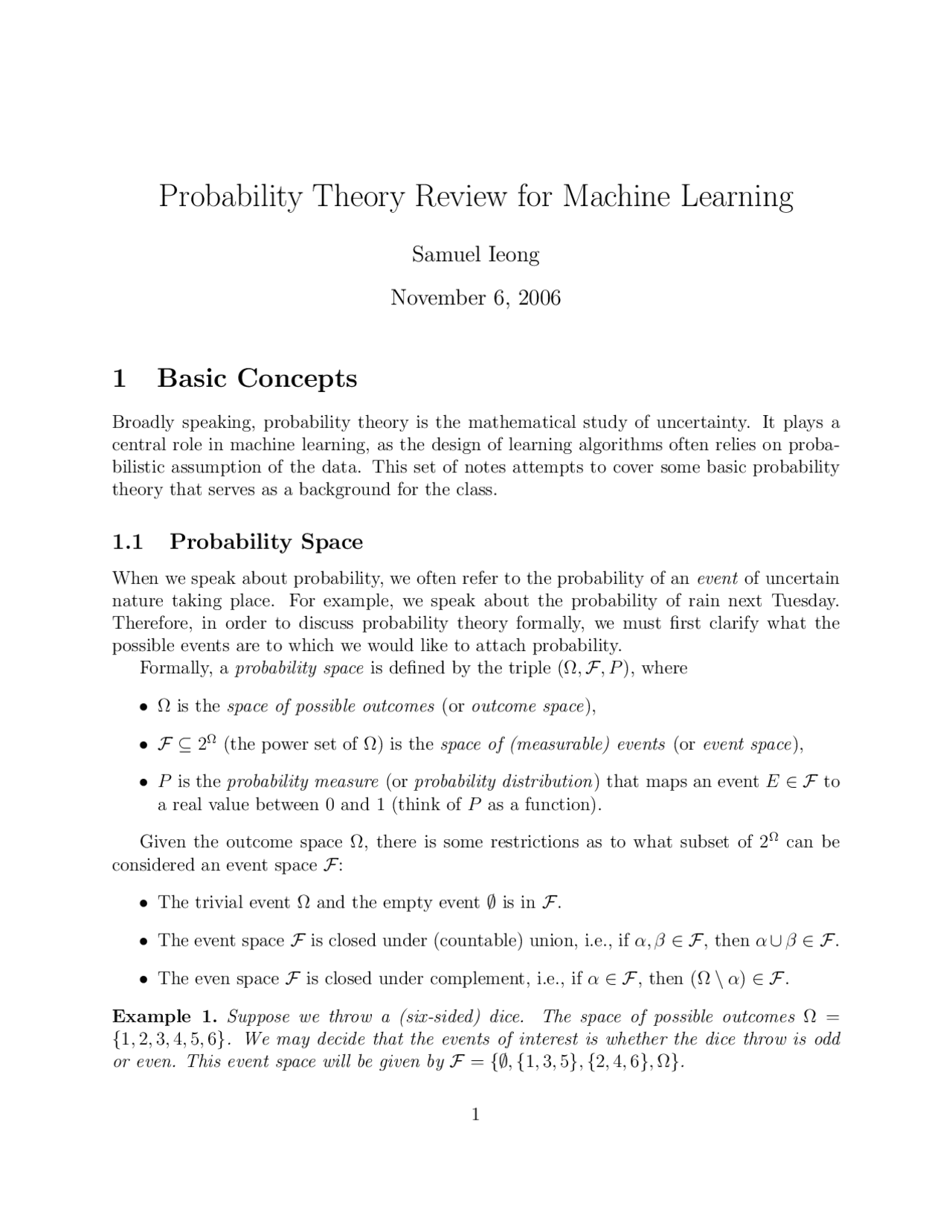 Probability Theory Review for Machine Learning - Lectures Handouts - Docsity