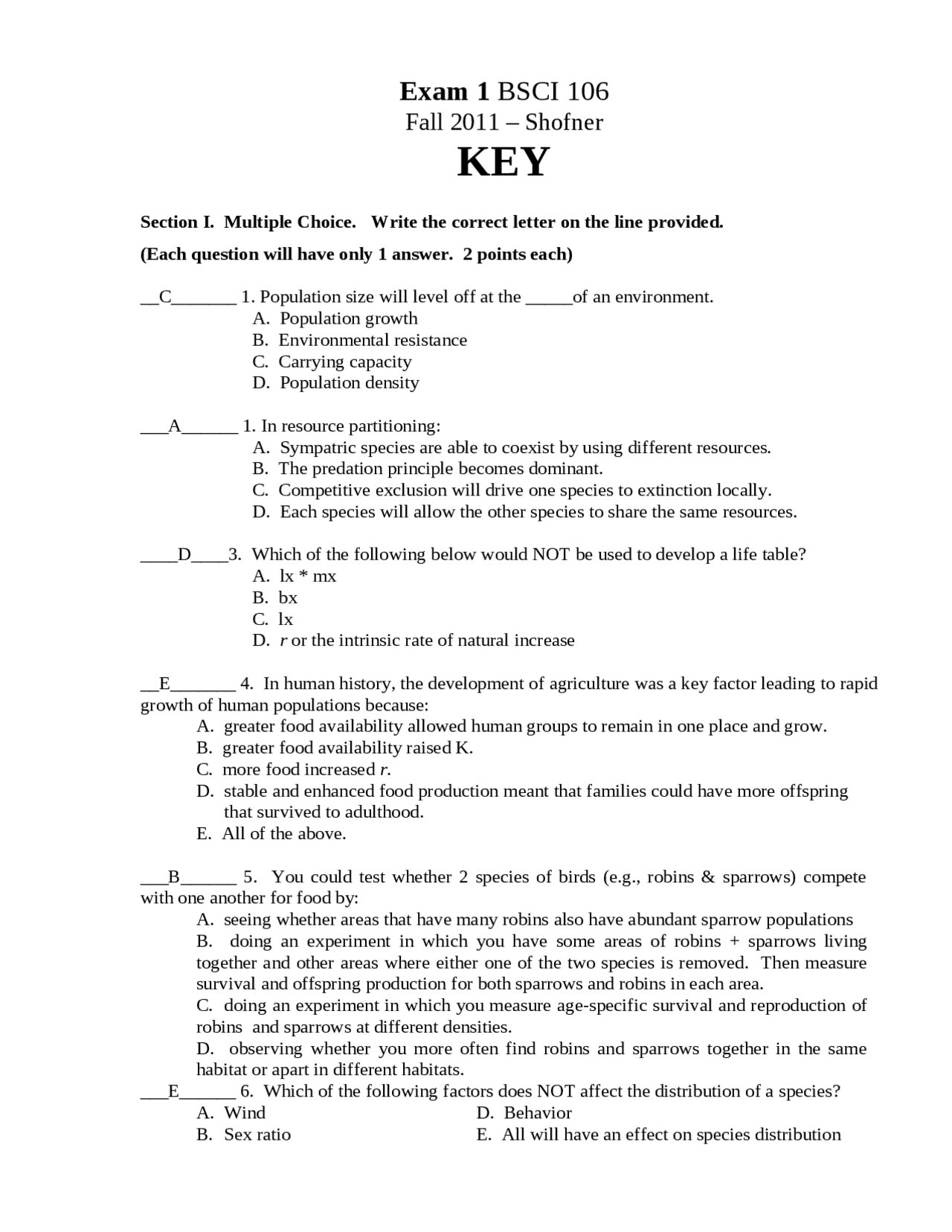 Exam 1 With Answer Key Principles Of Biology Ii Bsci 106 Docsity