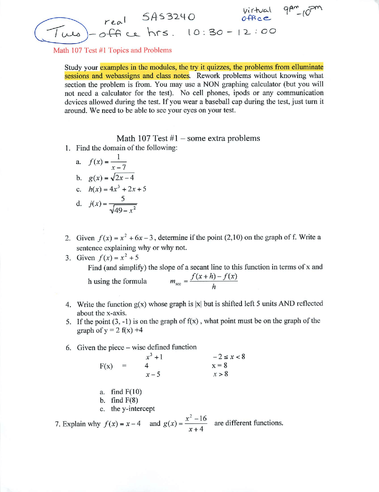 Test 1 Problems With Answer Key Precalculus I Ma 107 Docsity