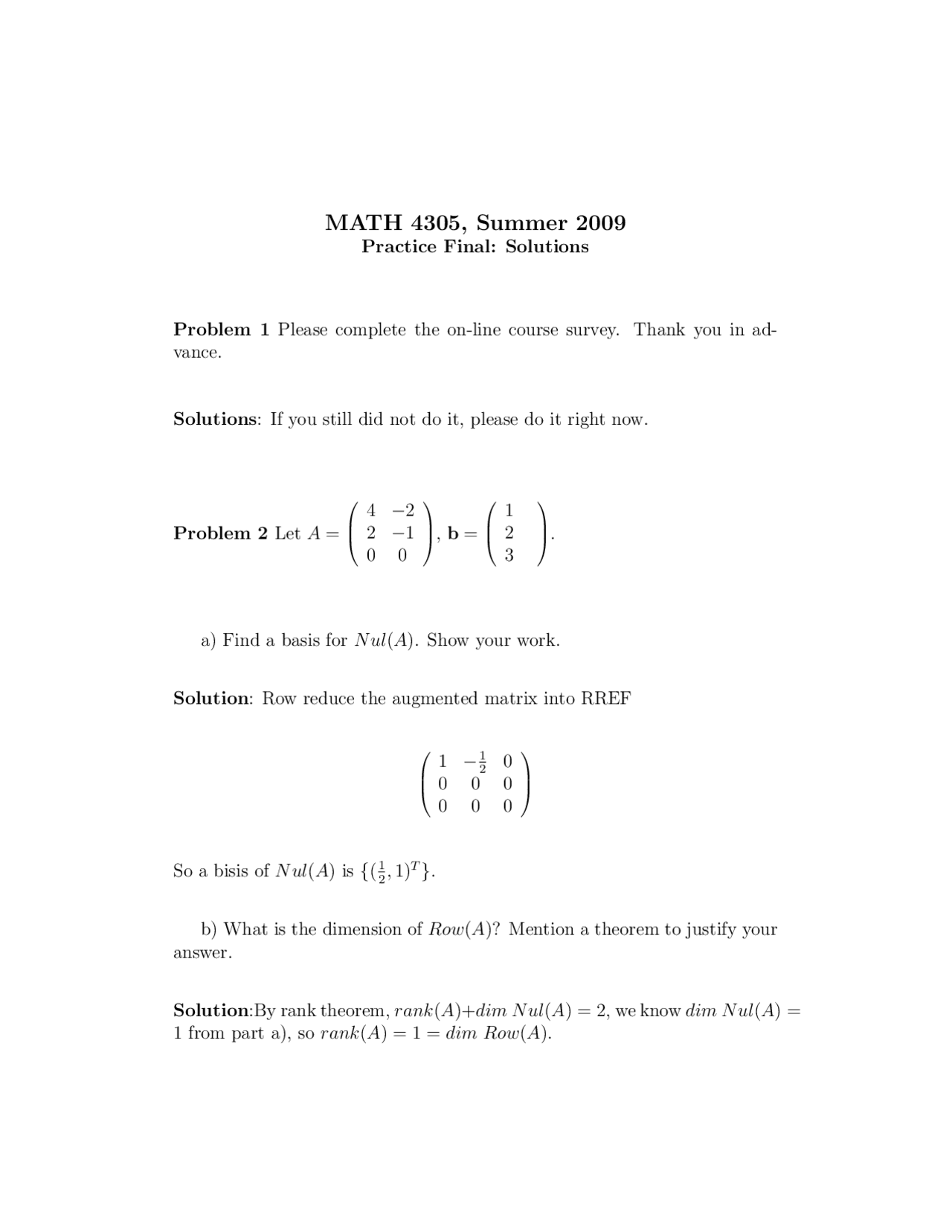 Solutions To Practice Final Exam Linear Algebra Math 4305 Docsity