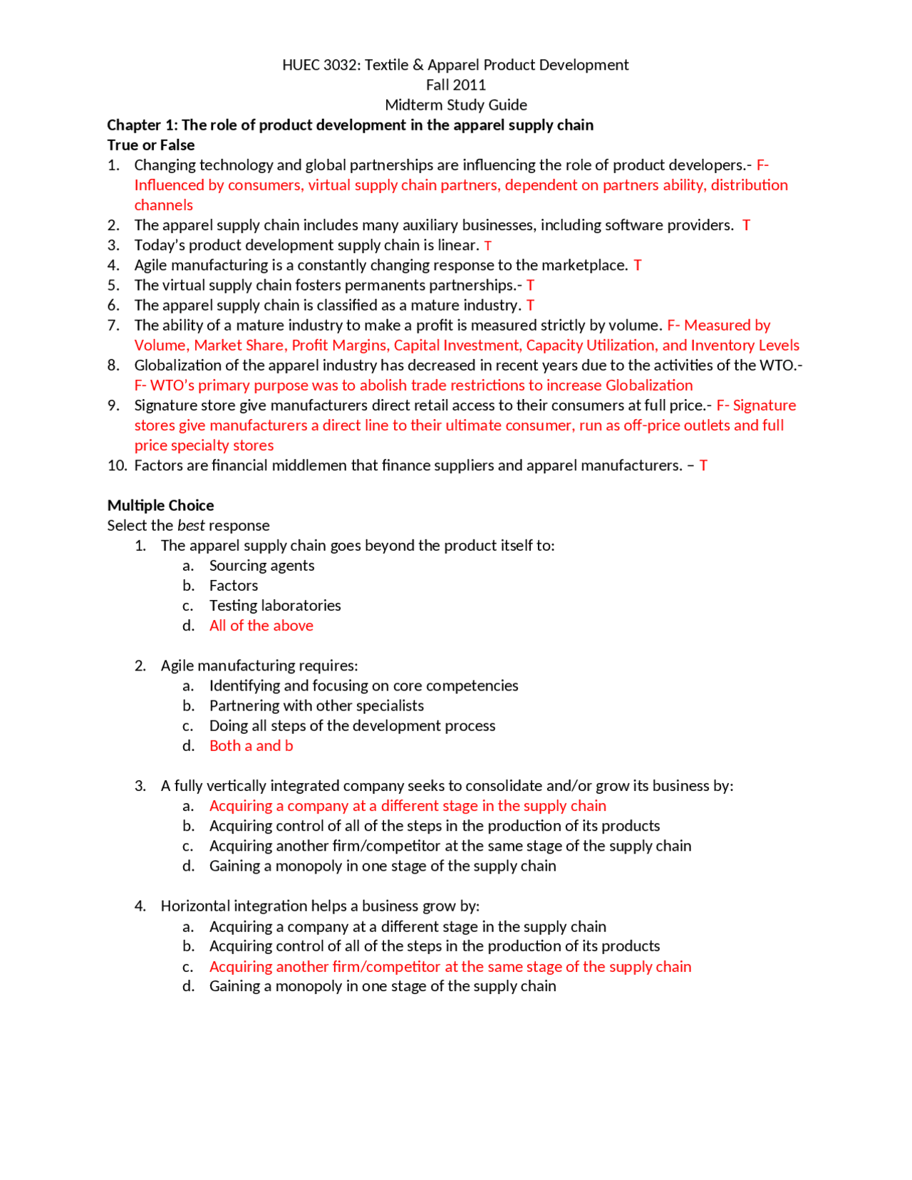 Midterm Exam Review - Textile and Apparel Product Development | HUEC 3032 - Docsity