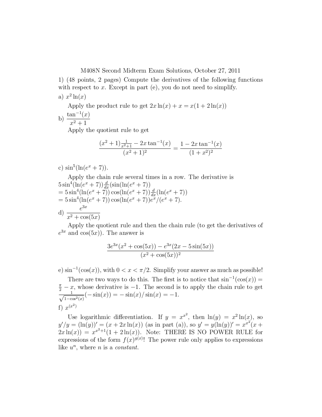 Midterm Exam Solutions for Differential Calculus for Science Majors | M 408N | Exams Mathematics ...