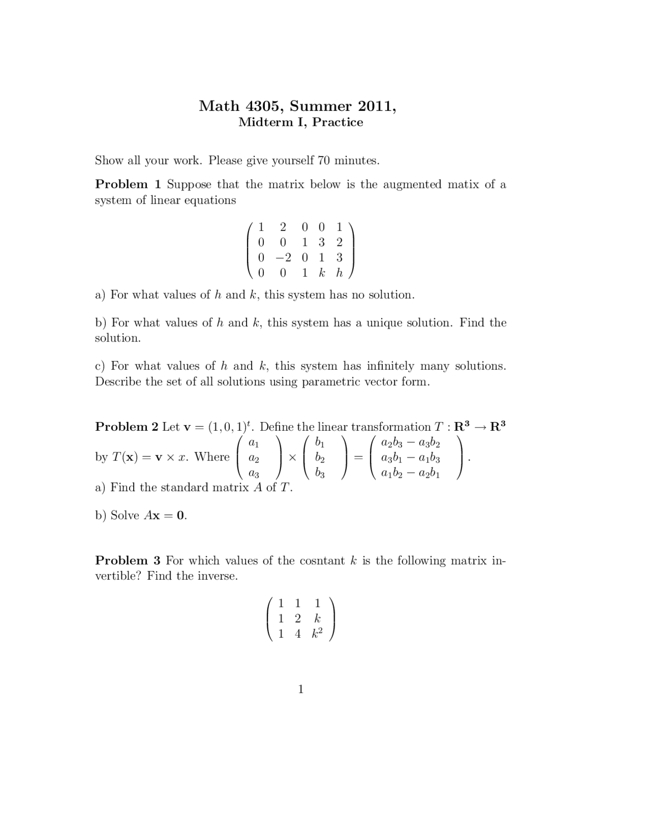 4 Problems Linear Algebra Midterm Exam Math 4305 Docsity