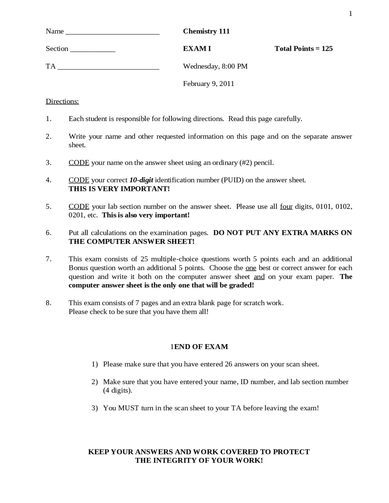 Exam 1 For General Chemistry Spring 2011 Chm 11100 Docsity