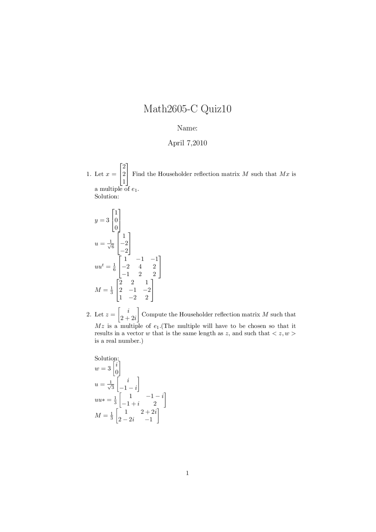 Solving Householder Reflection Matrices in Linear Algebra Quiz ...