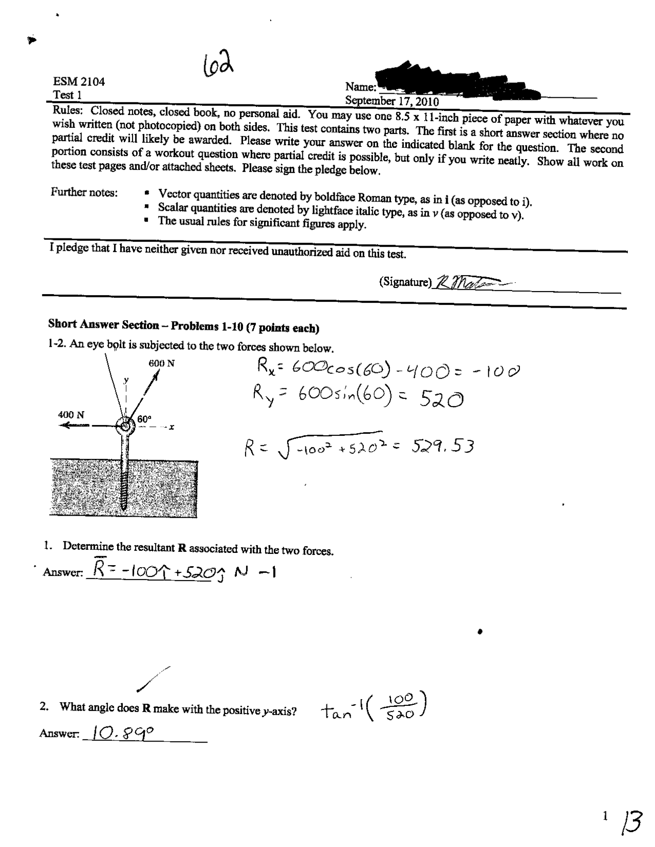 Statics Solved Final Exam Test Esm 2104 Docsity