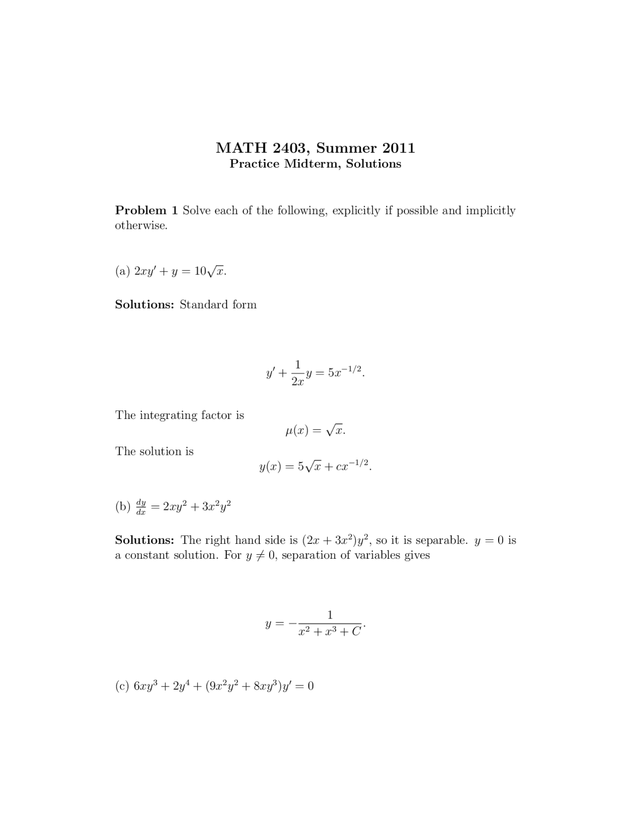 Practice Midterm Exam With Solution Differential Equations Math 2403 Exams Differential