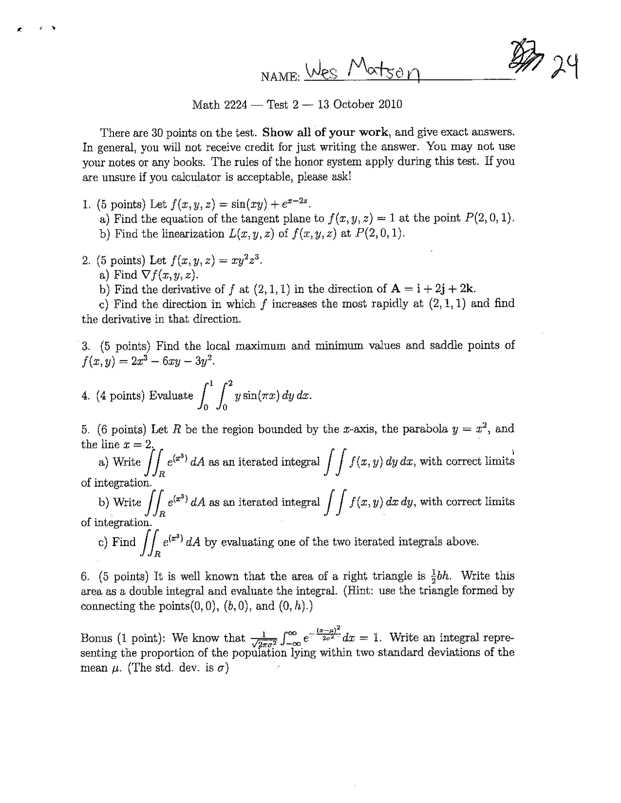 Exam 2 With Solution Multivariable Calculus Math 2224 Docsity