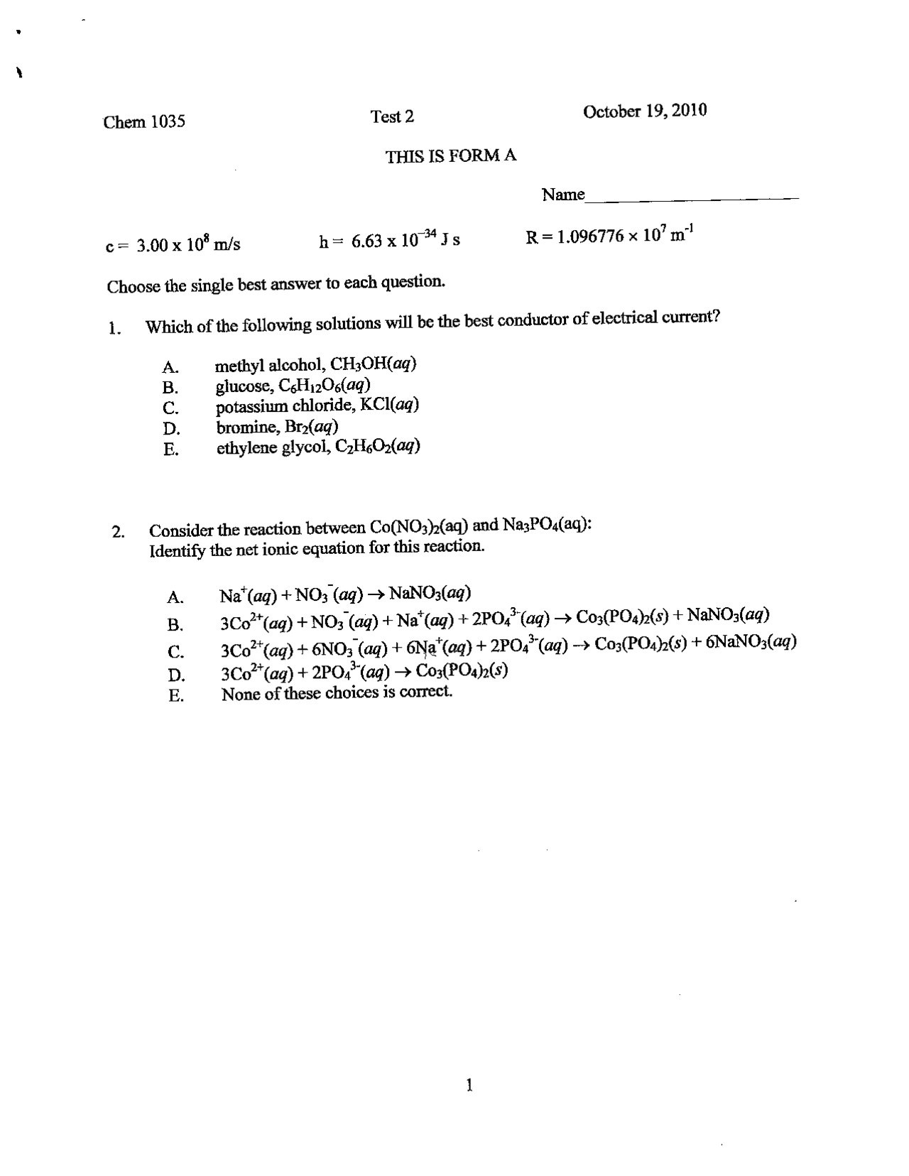 Test 2A with 25 Questions - General Chemistry – 2010 | CHEM 1035 - Docsity