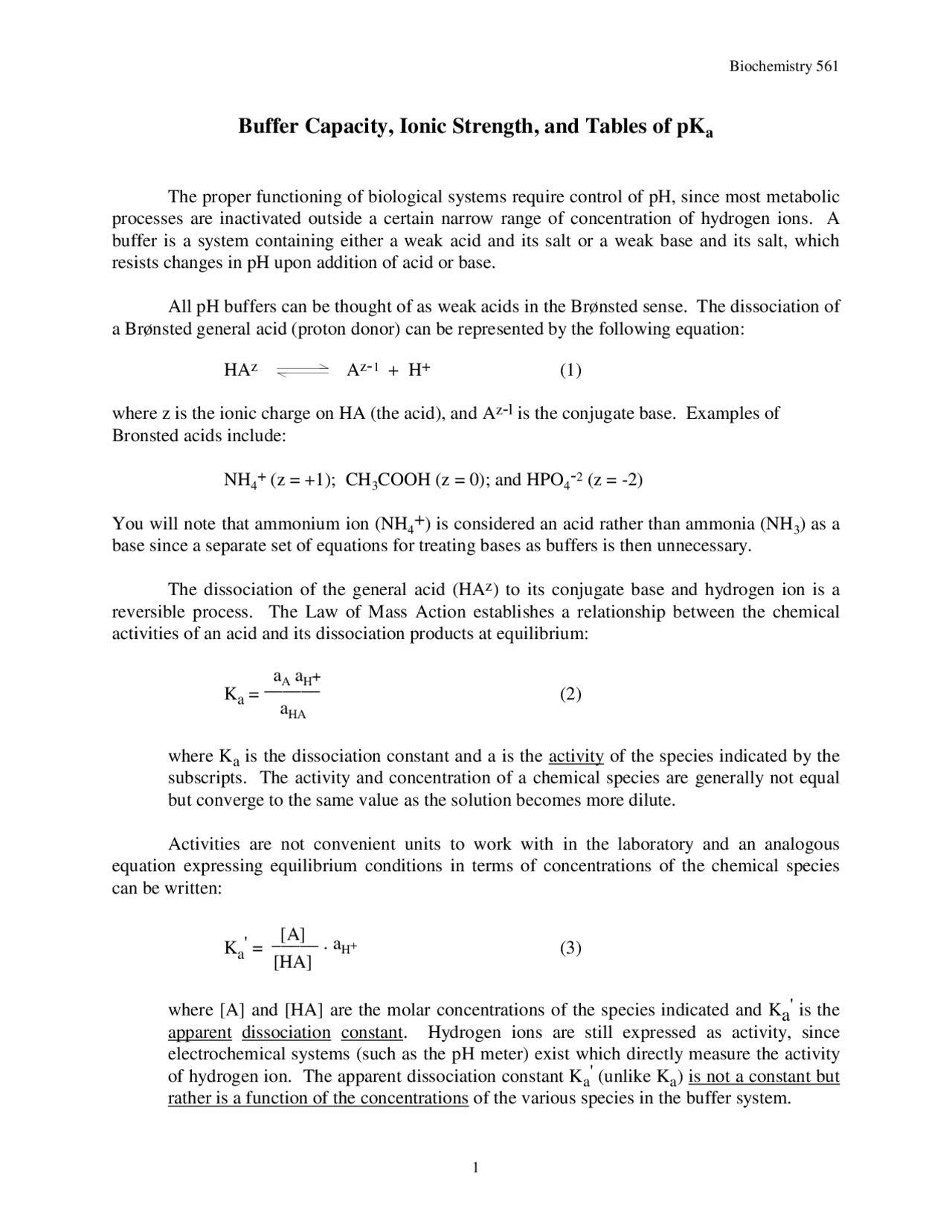 Buffer Capacity Ionic Strength And Tables Of Pk Handout Bchm 56100