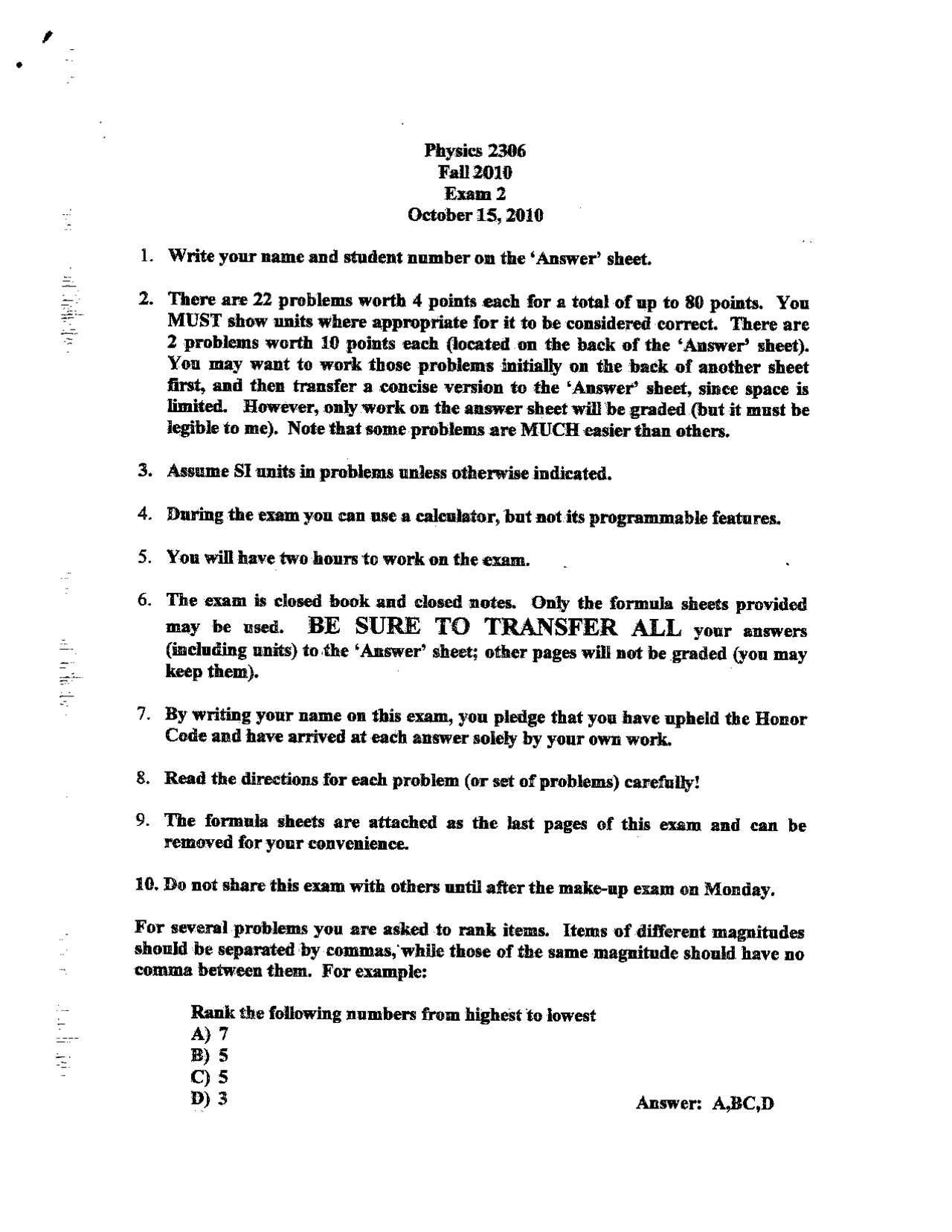 Solved Examination 2 Foundations Of Physics I Phys 2306 Docsity