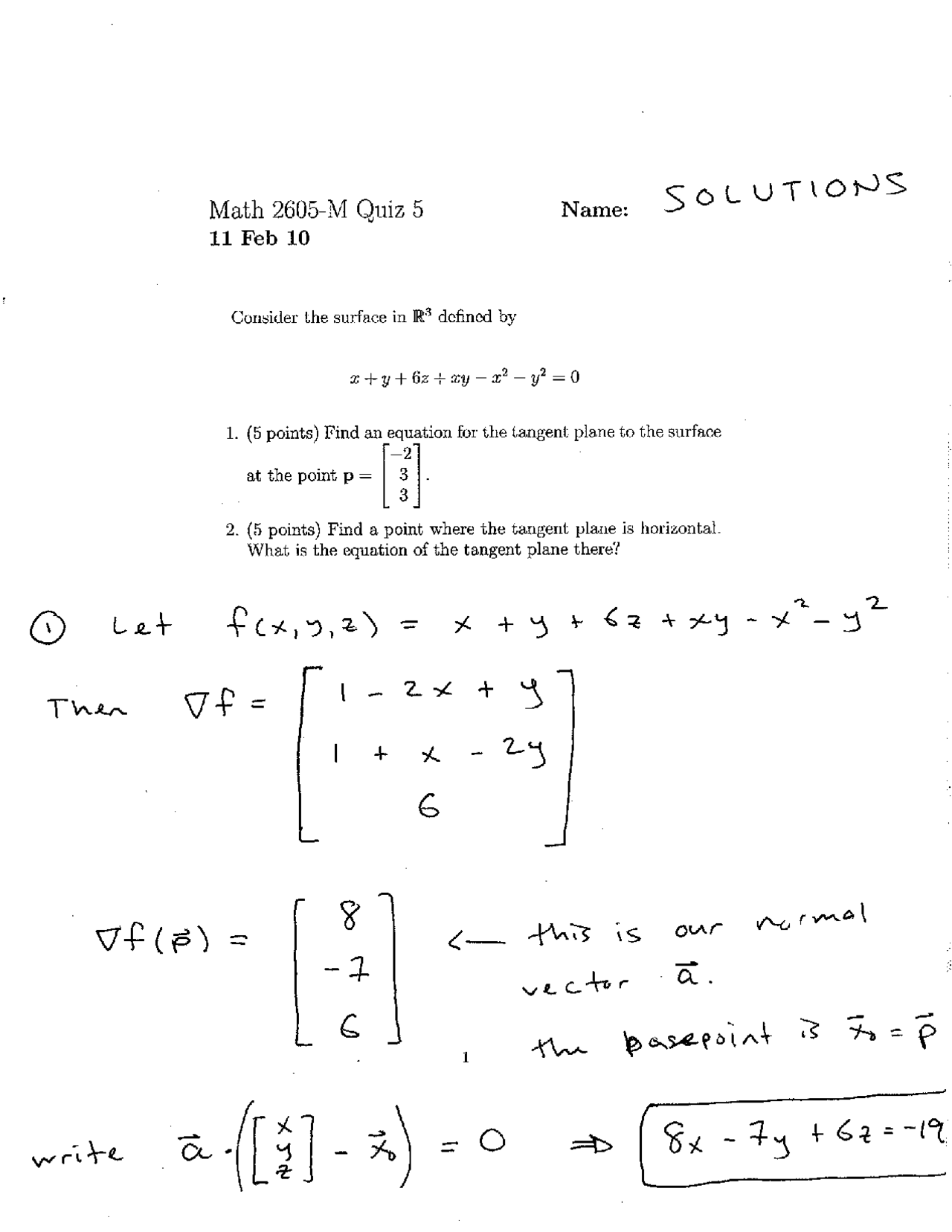 Calculus Iii For Computer Science Quiz 5 With Solutions Math 2605