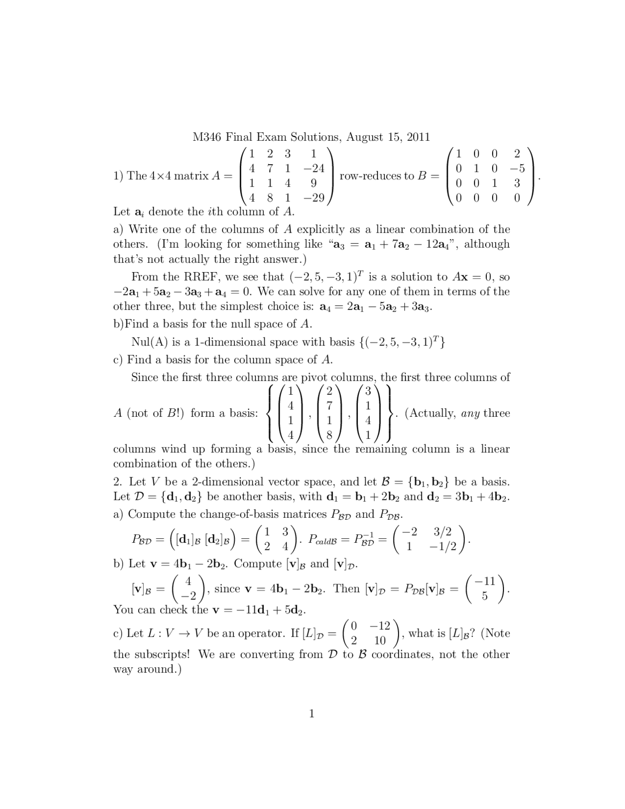 Solutions For Final Exam Applied Linear Algebra Fall 2011 M 346