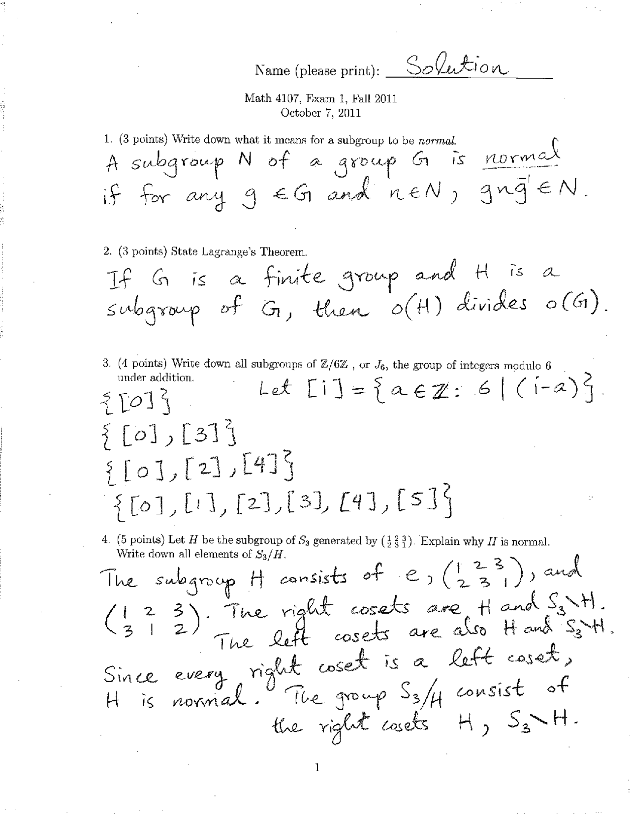 Midterm Exam With Solutions Abstract Algebra Ii Fall 2011 Math