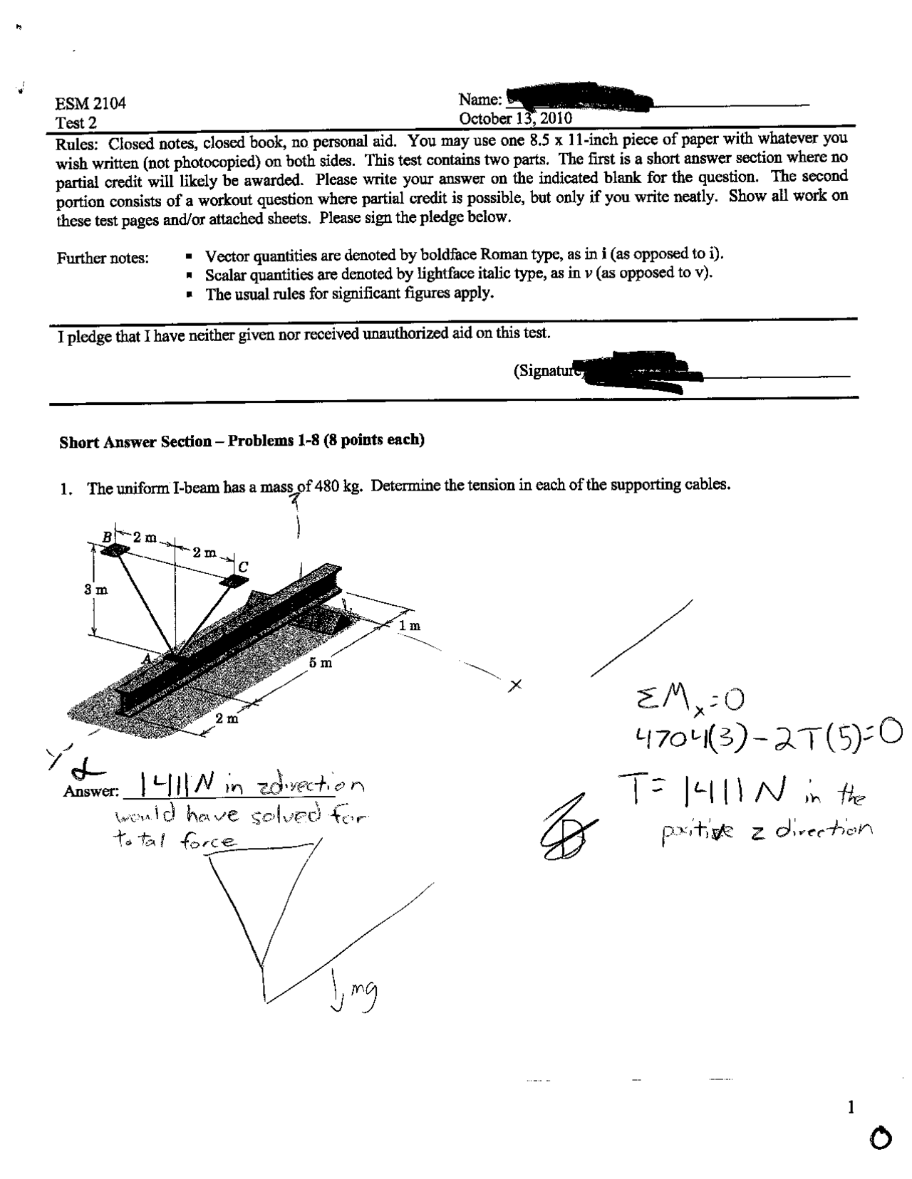 Determine Tension And Vector Expression Test Solved Statics Esm