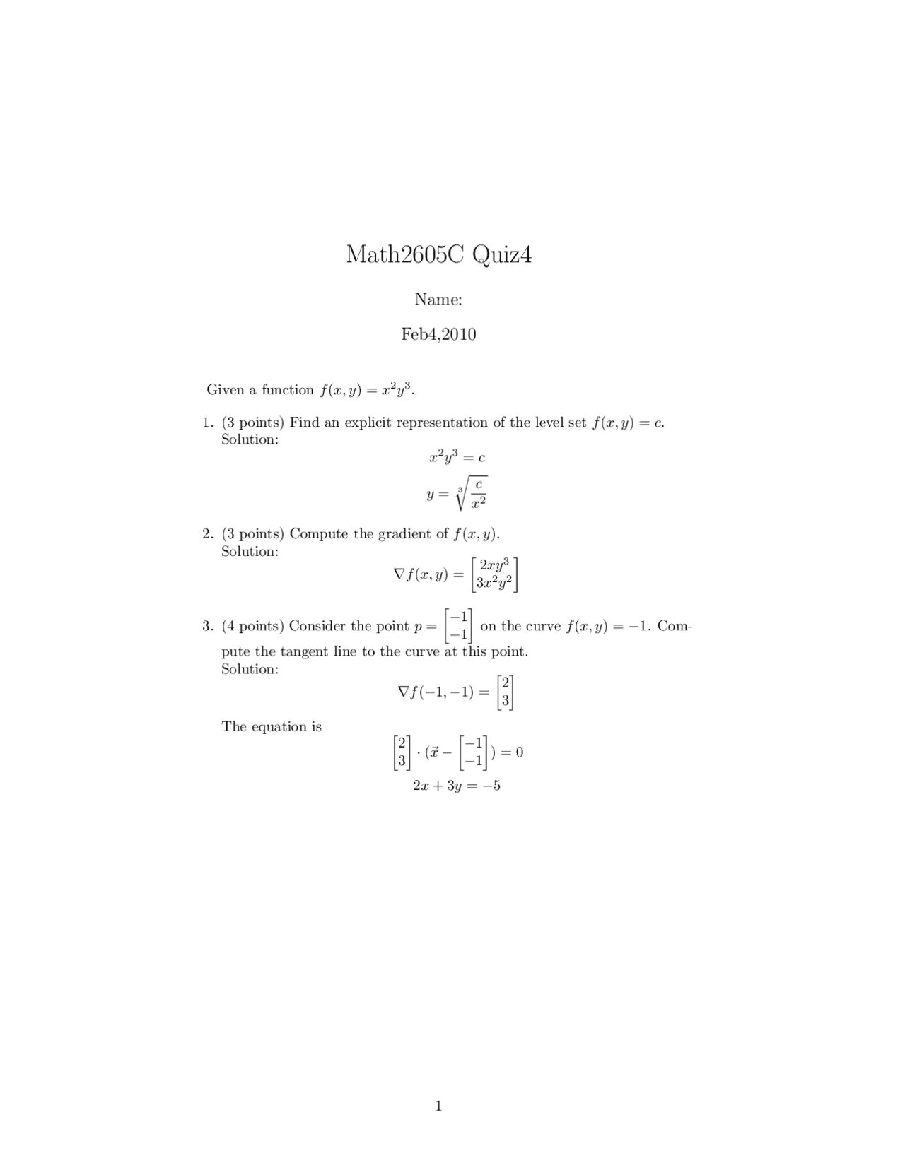 Solutions To Quiz 4 Calculus Iii For Computer Science Math 2605 Docsity 