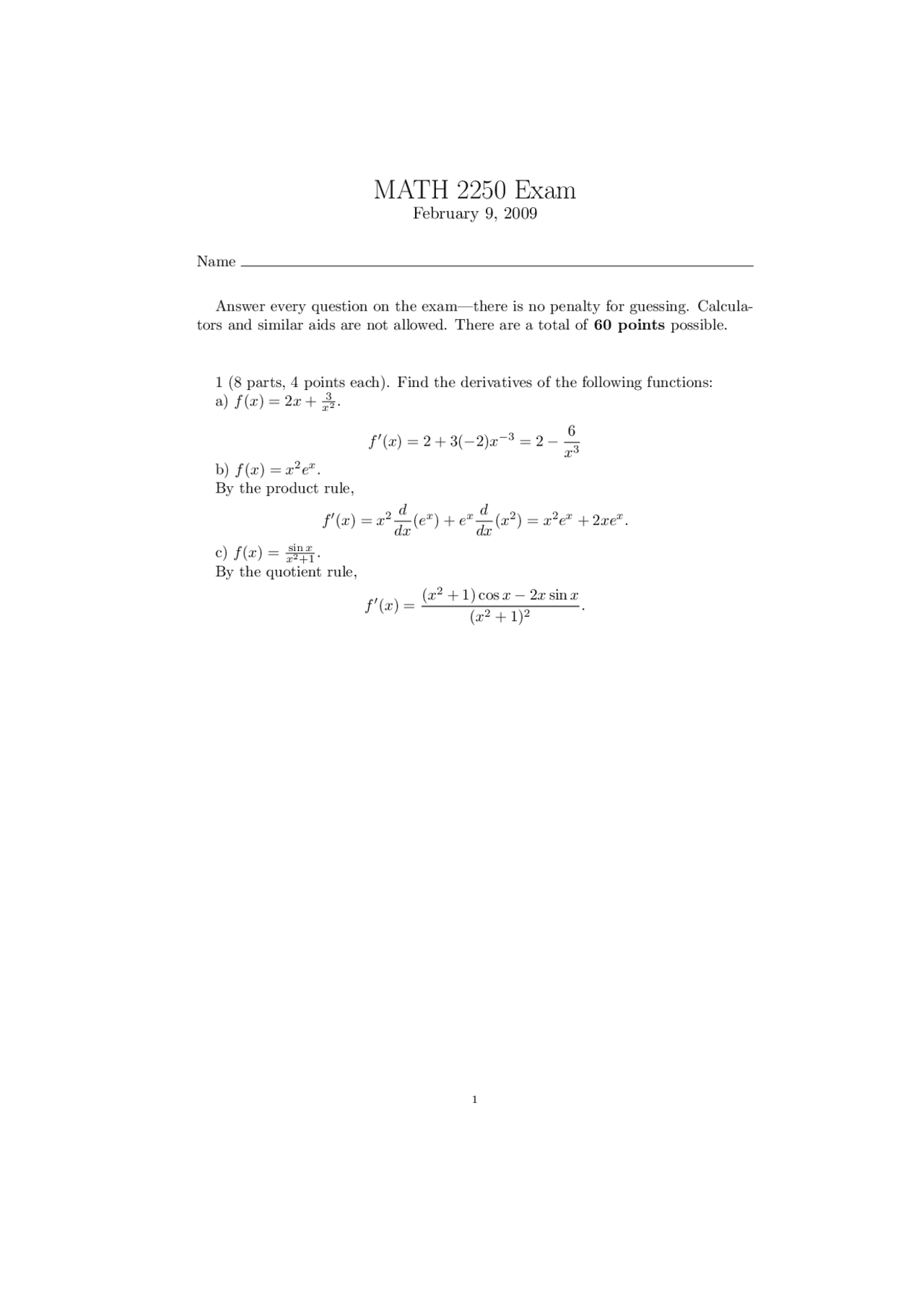 6 Solved Problems On The Derivative Functions Exam 2 Math 2250